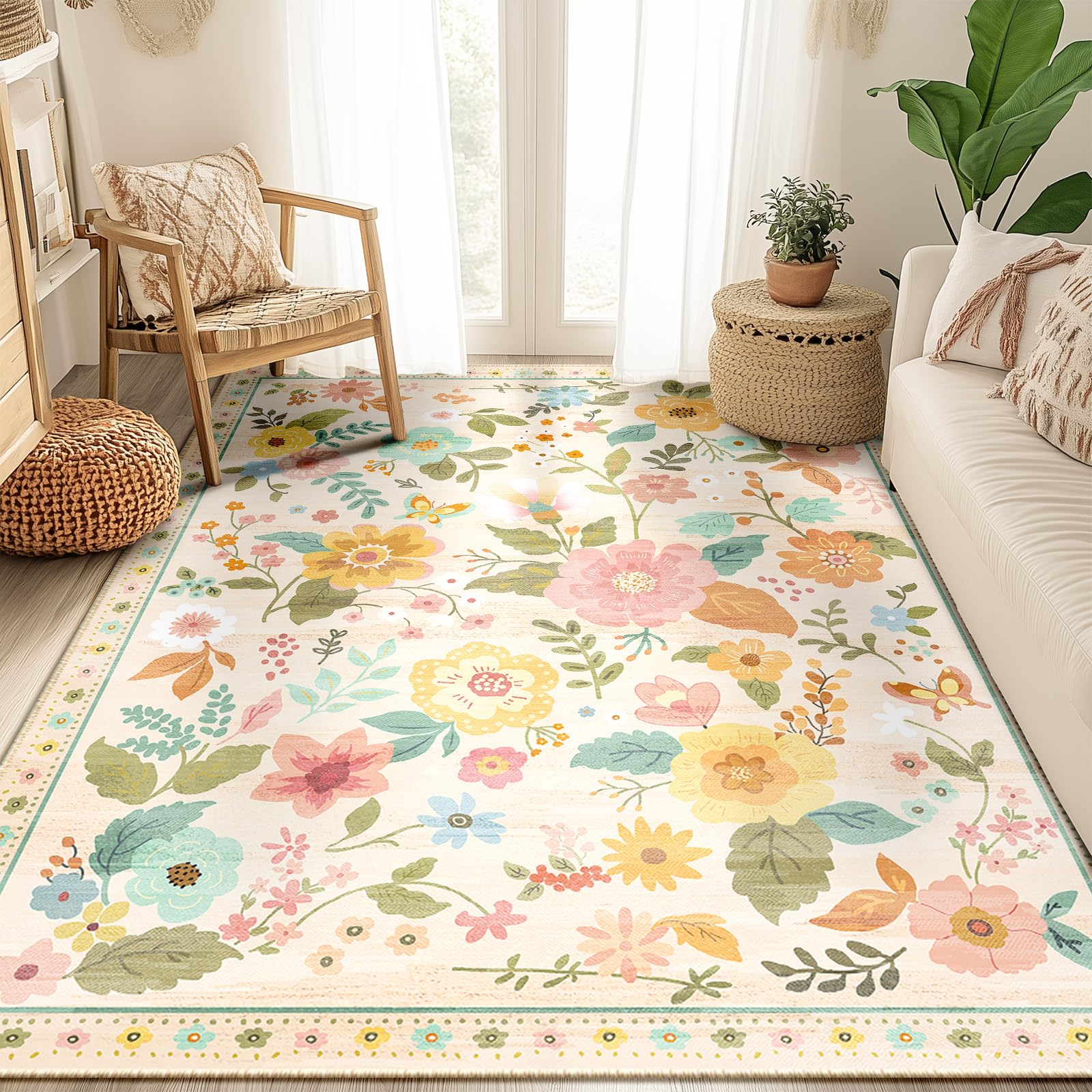 RELEANY Floral 6x9 Area Rug Machine Washable Boho Carpet Non Slip ...