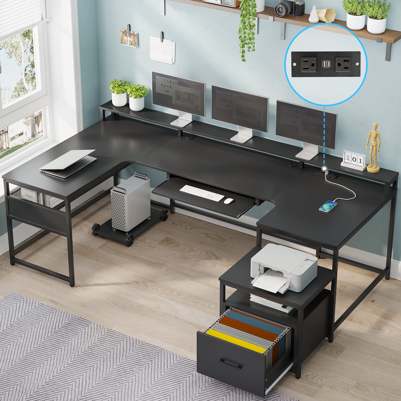 Mua SEDETA L Shaped Desk, 82.6" U Shaped Desk, Computer Desk with File ...
