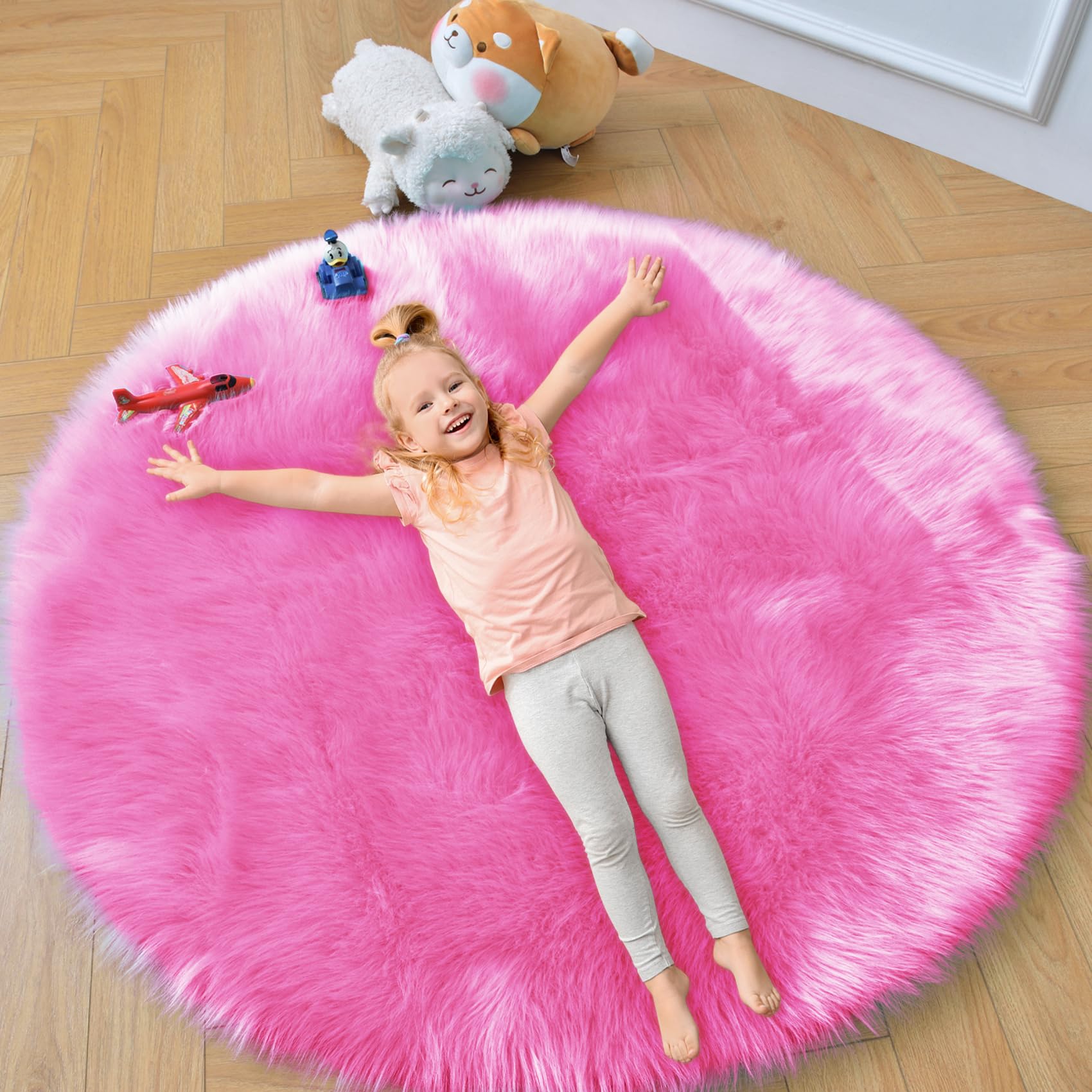 duduta Hot Pink Round Faux Fur Rug 4x4 ft, Fluffy Shag Circle Rug for ...