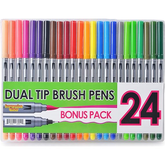 Dual Tip Brush Pens with Fineliner Tip (24 PACK, No Duplicates!) Paint ...