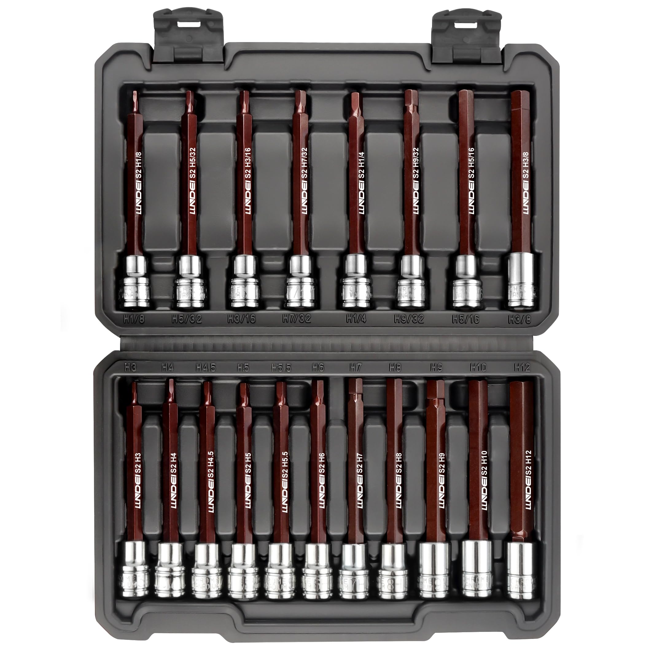 LLNDEI 3/8-Inch Drive Extra Long Allen Hex Bit Socket Set 19PCS- Standard SAE & Metric (1/8"-3/8 ...