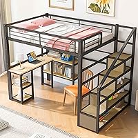 Amazon.com: ATY Full Size Metal Loft Bed with Storage Staircase and 3-Tier Shelves, 3-in-1 ...