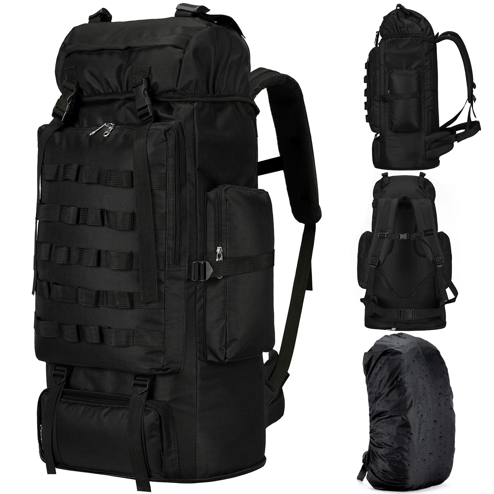 70L/100L Large Camping Hiking Backpack with Rain Cover, Waterproof Molle Rucksack Military ...