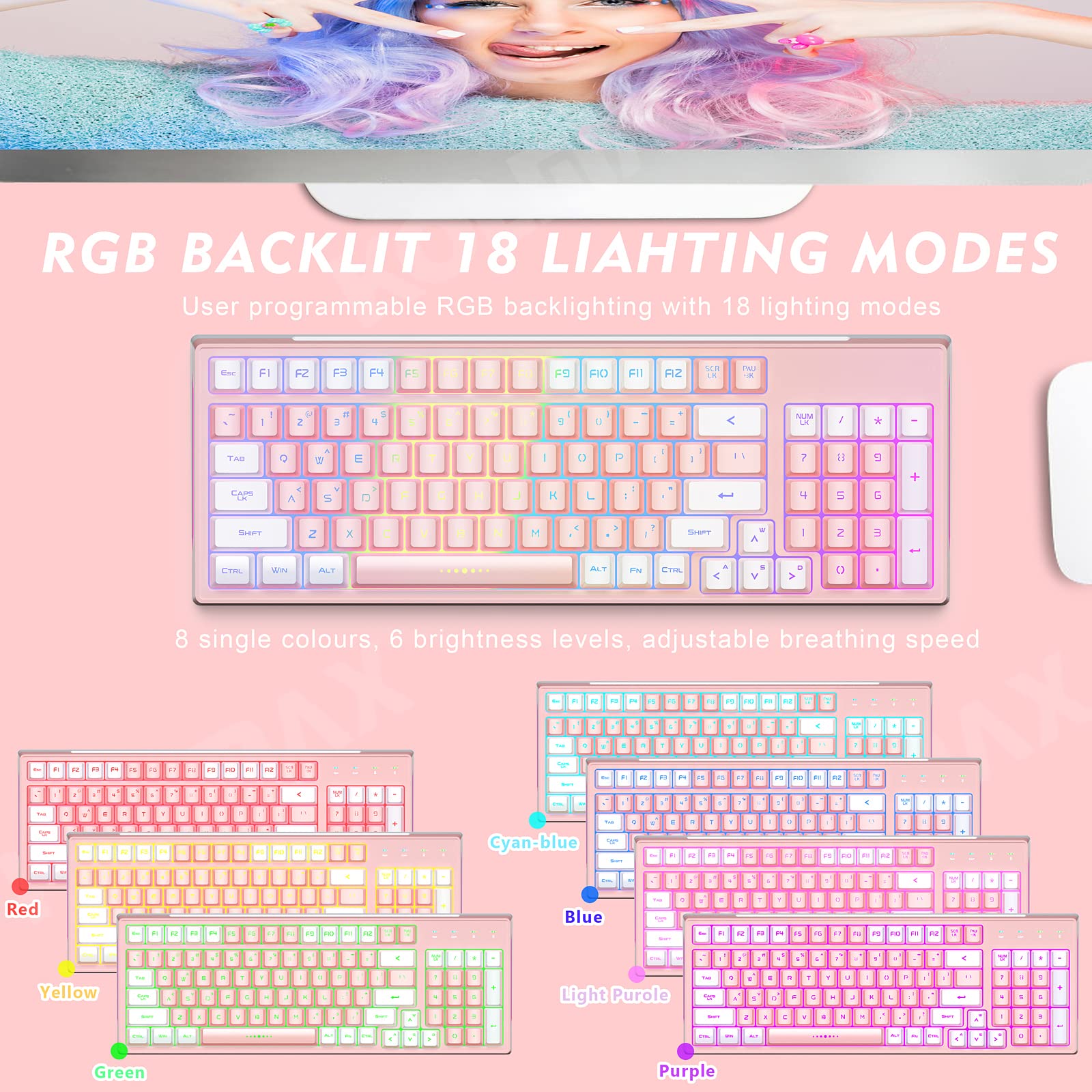 Mua KOLMAX GK98 Wireless Gaming Keyboard,2.4G Rechargeable RGB Pink ...