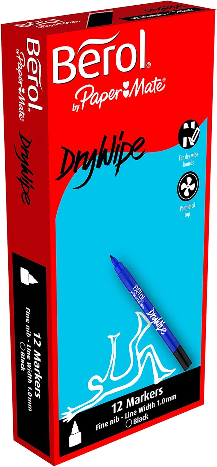 Berol Dry Wipe Whiteboard Pen Fine Nib 1 mm - Black, Box of 12: Amazon ...