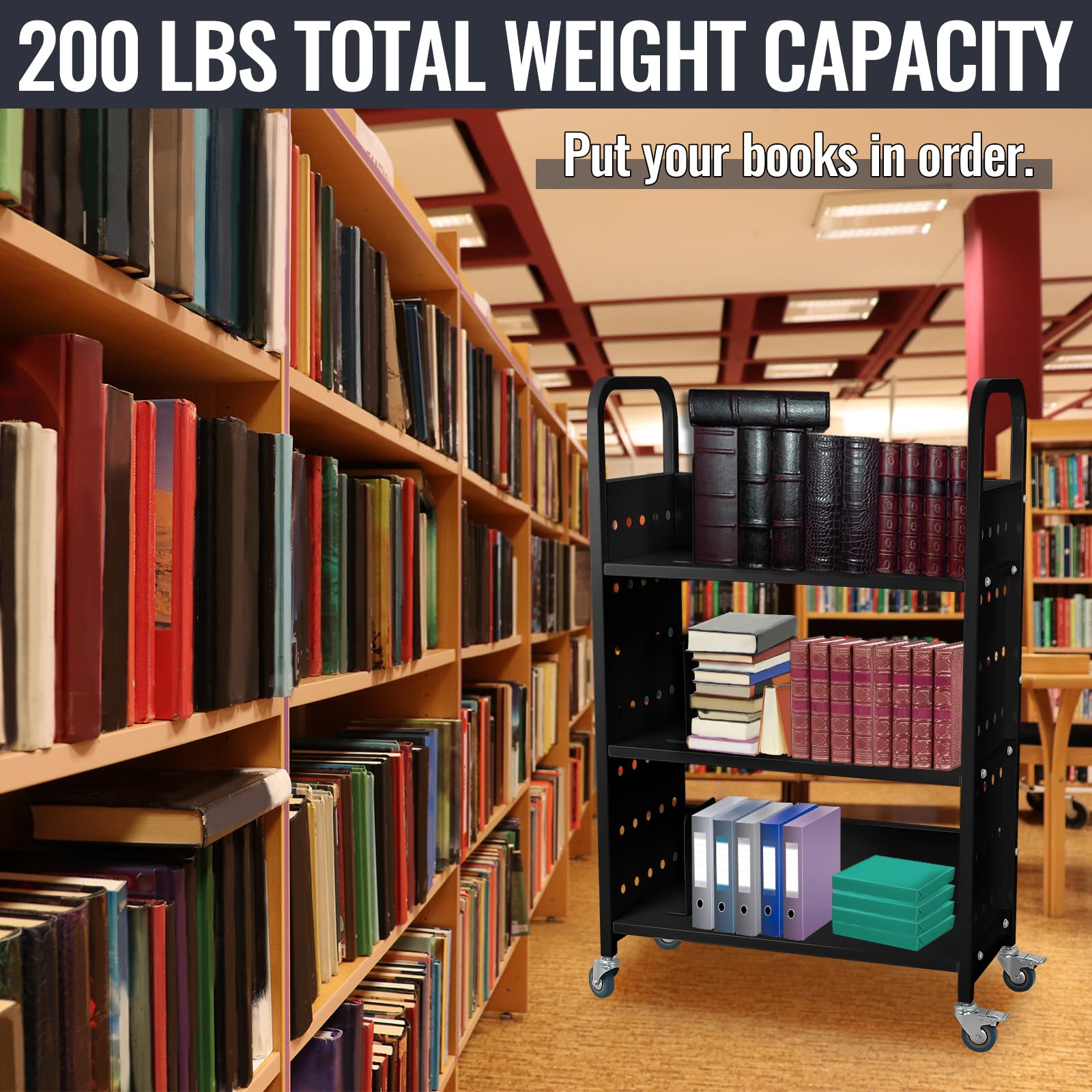 OUKIDR Book Cart, 200LBS 3-Shelf Library Cart, Single Sided V-Shaped ...