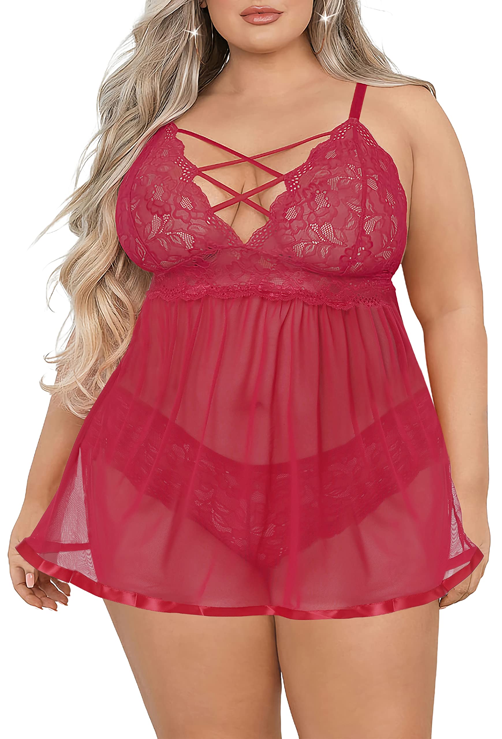 JuicyRose Women's Plus Size Lingerie Sets, Sexy Open Back Babydoll Strappy Lace Chemise(Merlot ...