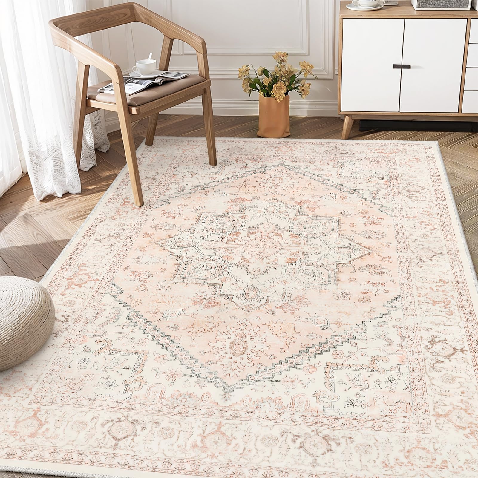 LIVEBOX Area Rug Pink 4x6 - Oriental Floral Bedroom Rug Vintage Low ...