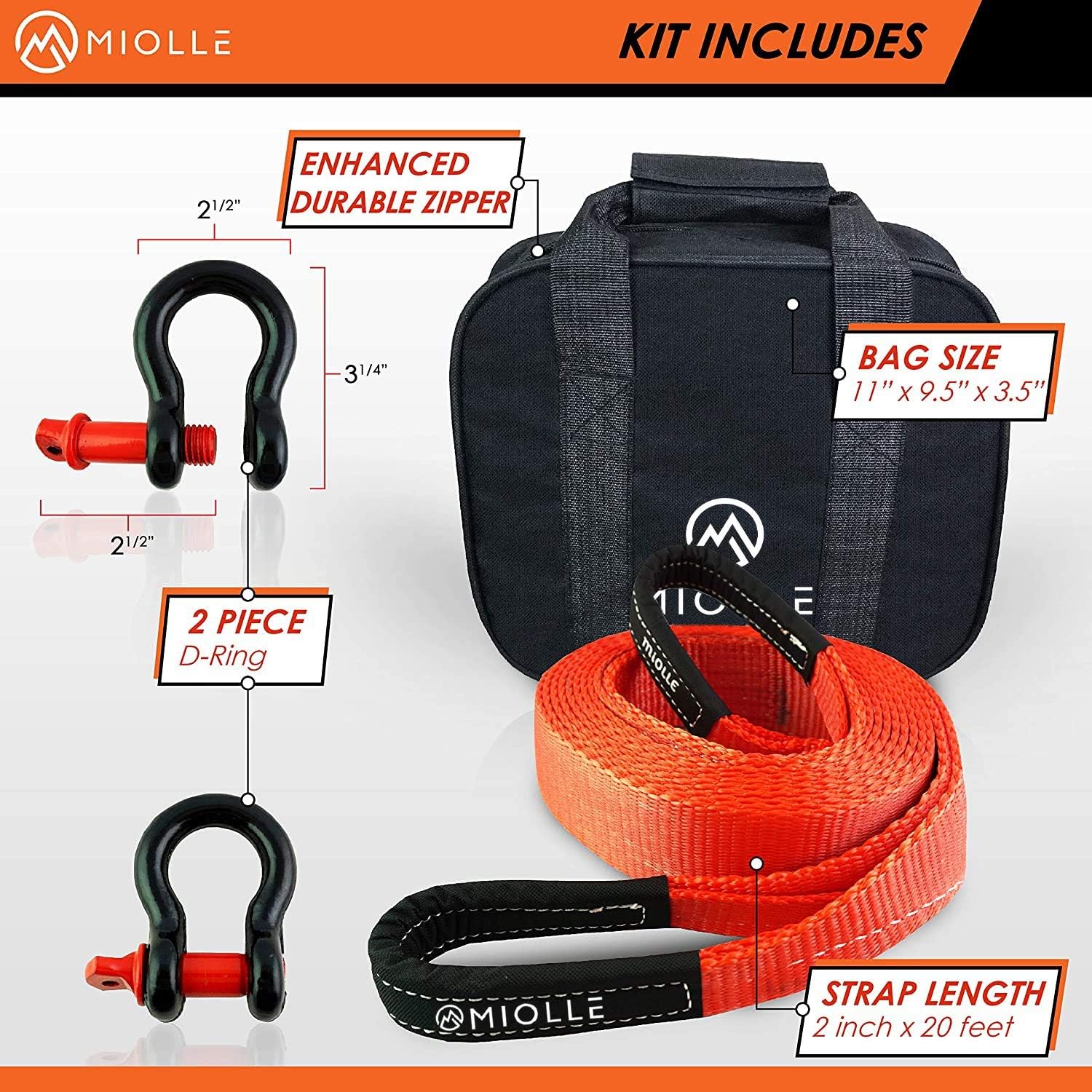 Tow Straps Miolle Tow Strap 2”x20’ with Loops and D-Hook Shackles ...