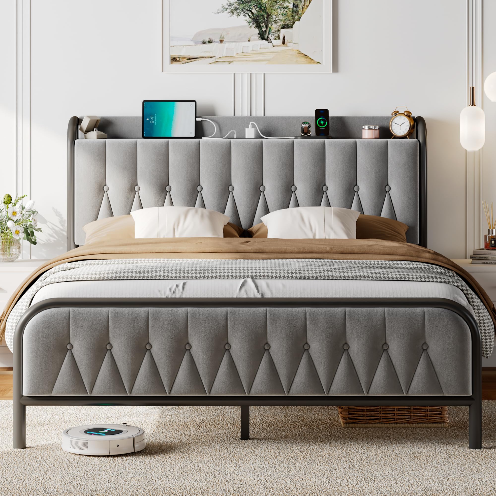 Feonase Velvet Queen Bed Frame with Fast Charging Station,Queen Size ...