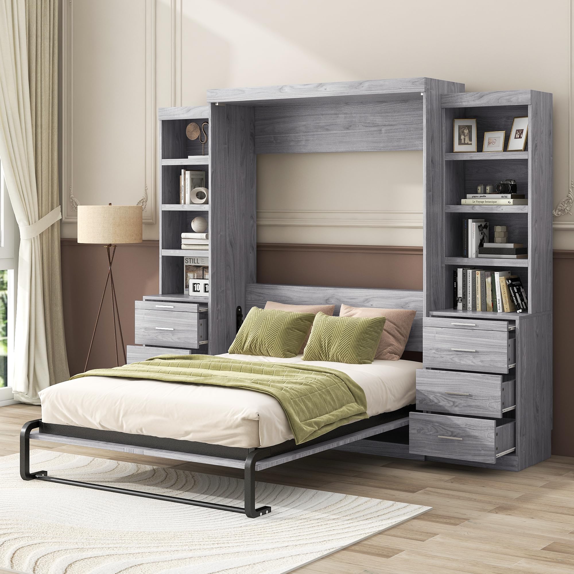 FAVSH Full Size Murphy Bed with Storage Shelves, Solid Wood+Metal Frame ...
