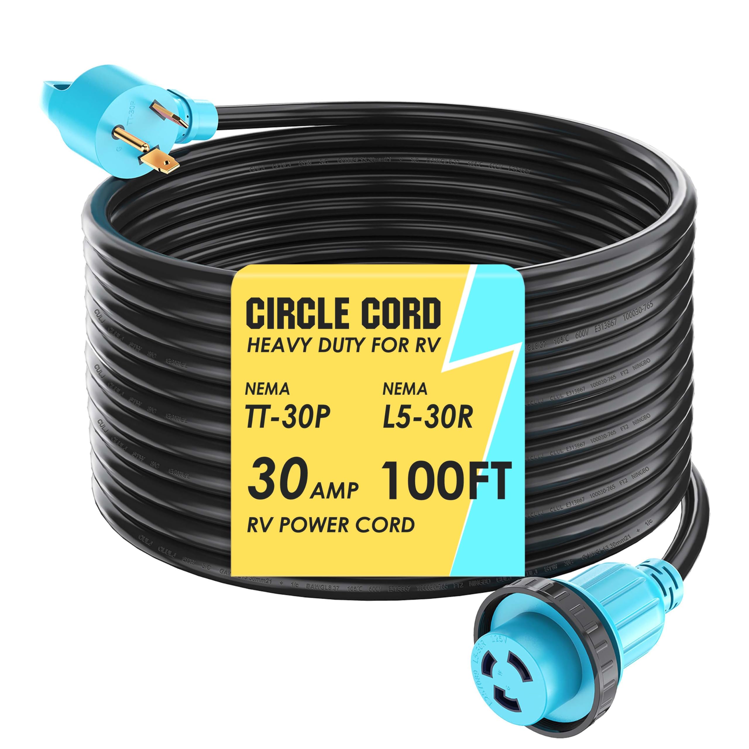 CircleCord 30 Amp 100 Feet RV Power Cord Twist Locking, Heavy Duty 10 Gauge 3 Wire STW Pure ...