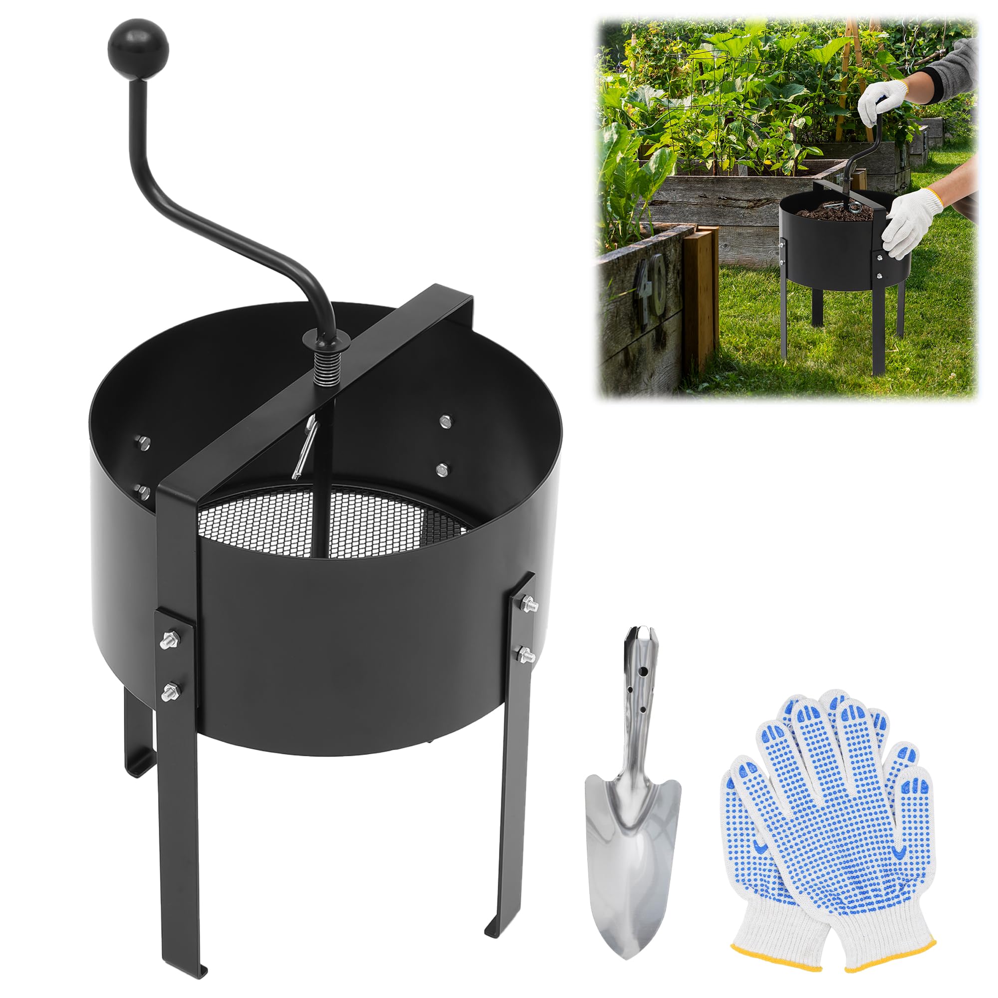 Inracity Rotary Soil Sifter Garden Soil Sifter with Gloves & Shovel, 13 ...