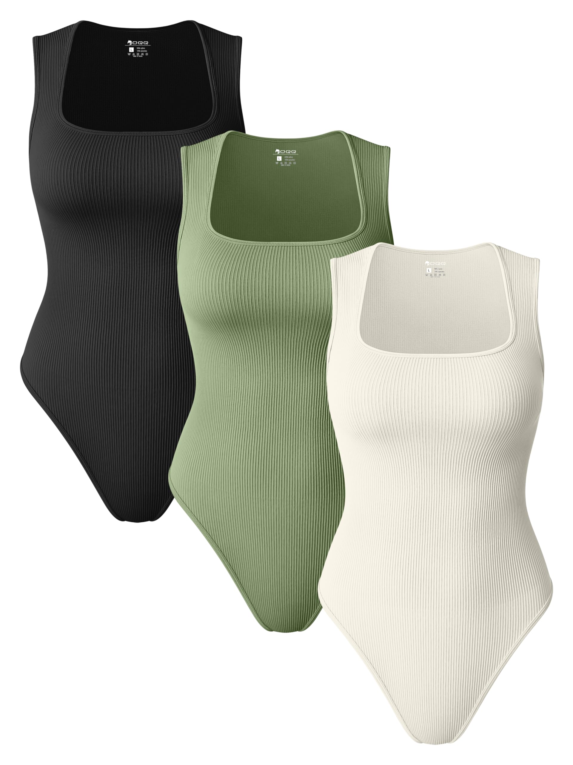 OQQ Women 3 Piece Bodysuits Sleeveless Square Stretch Basic Tank Tops ...