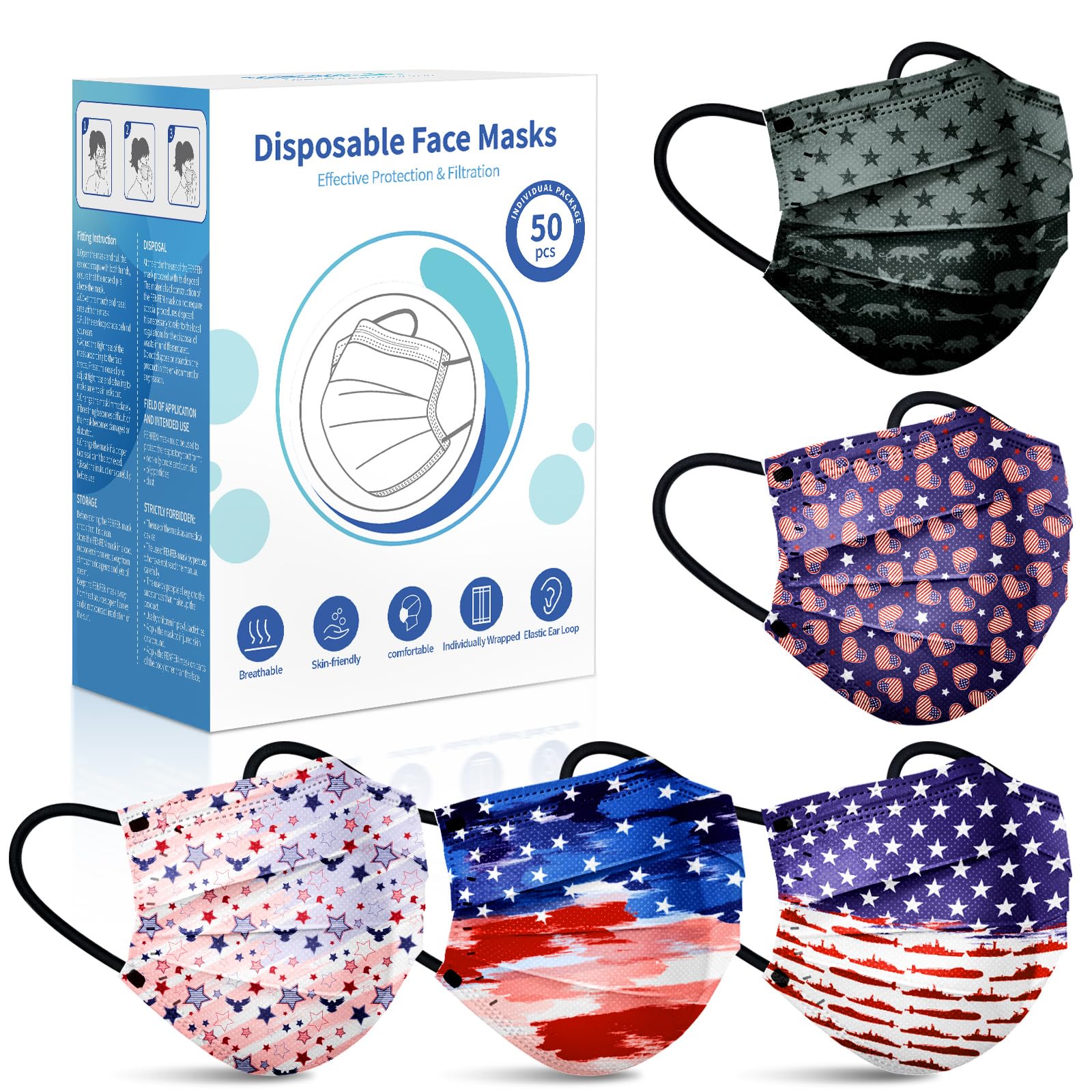 Disposable Face Mask for Adults - USA Flag Designs Masks, 4 Ply Masks ...