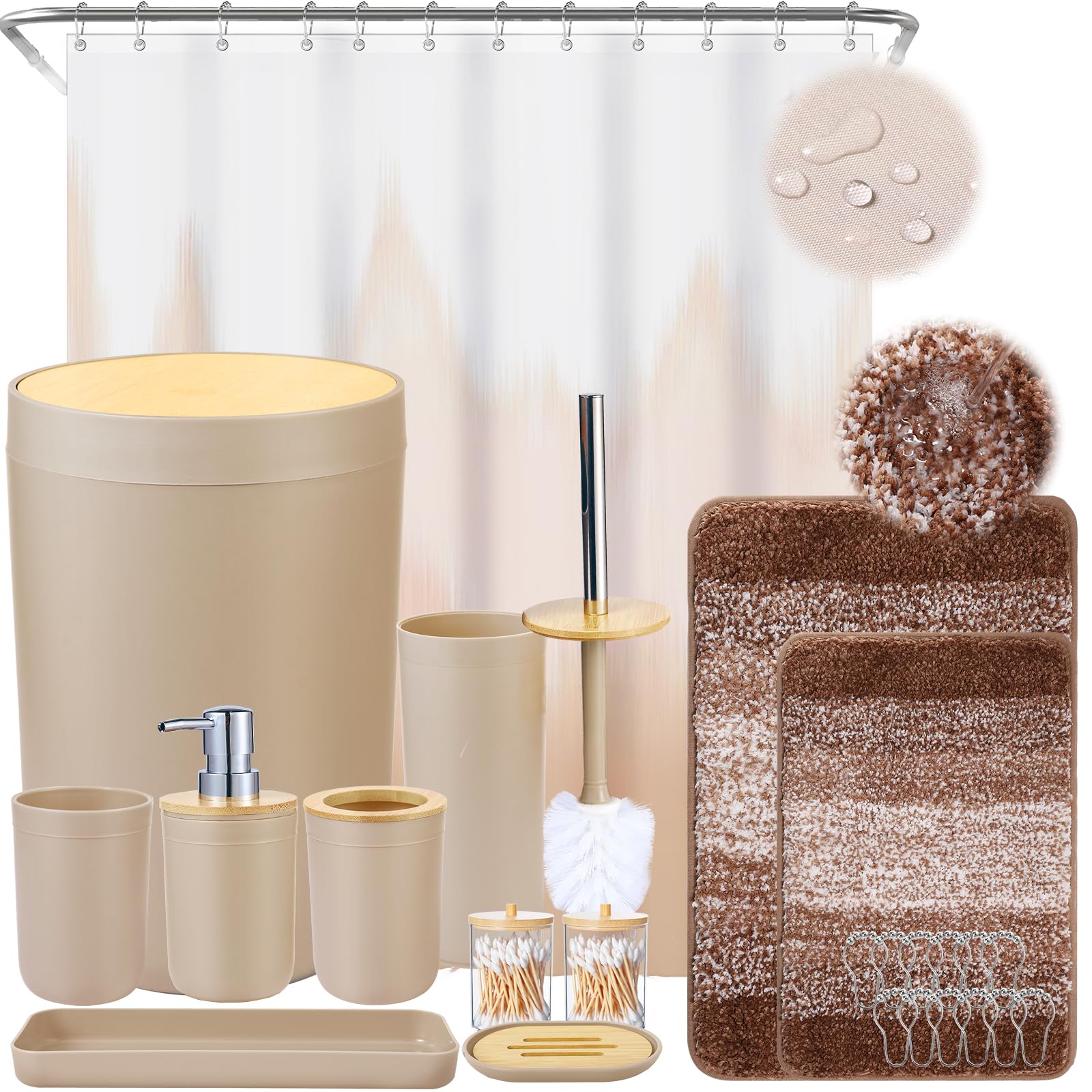iMucci Bathroom Accessories Beige Bathroom Sets with Shower Curtain and Rug, Beige Ombre ...