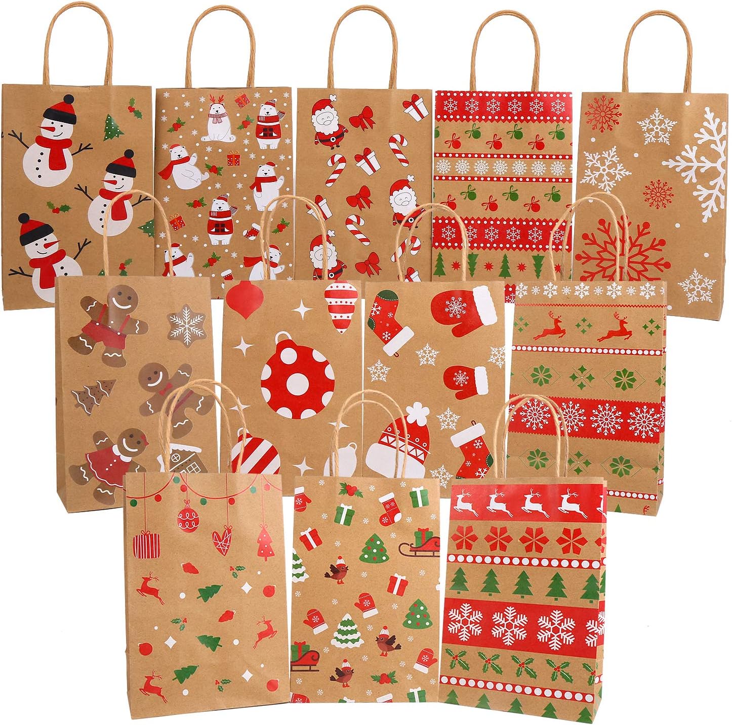 VEYLIN Xmas Kraft Gift Bags, 12 Christmas Paper Present Treat Candy ...