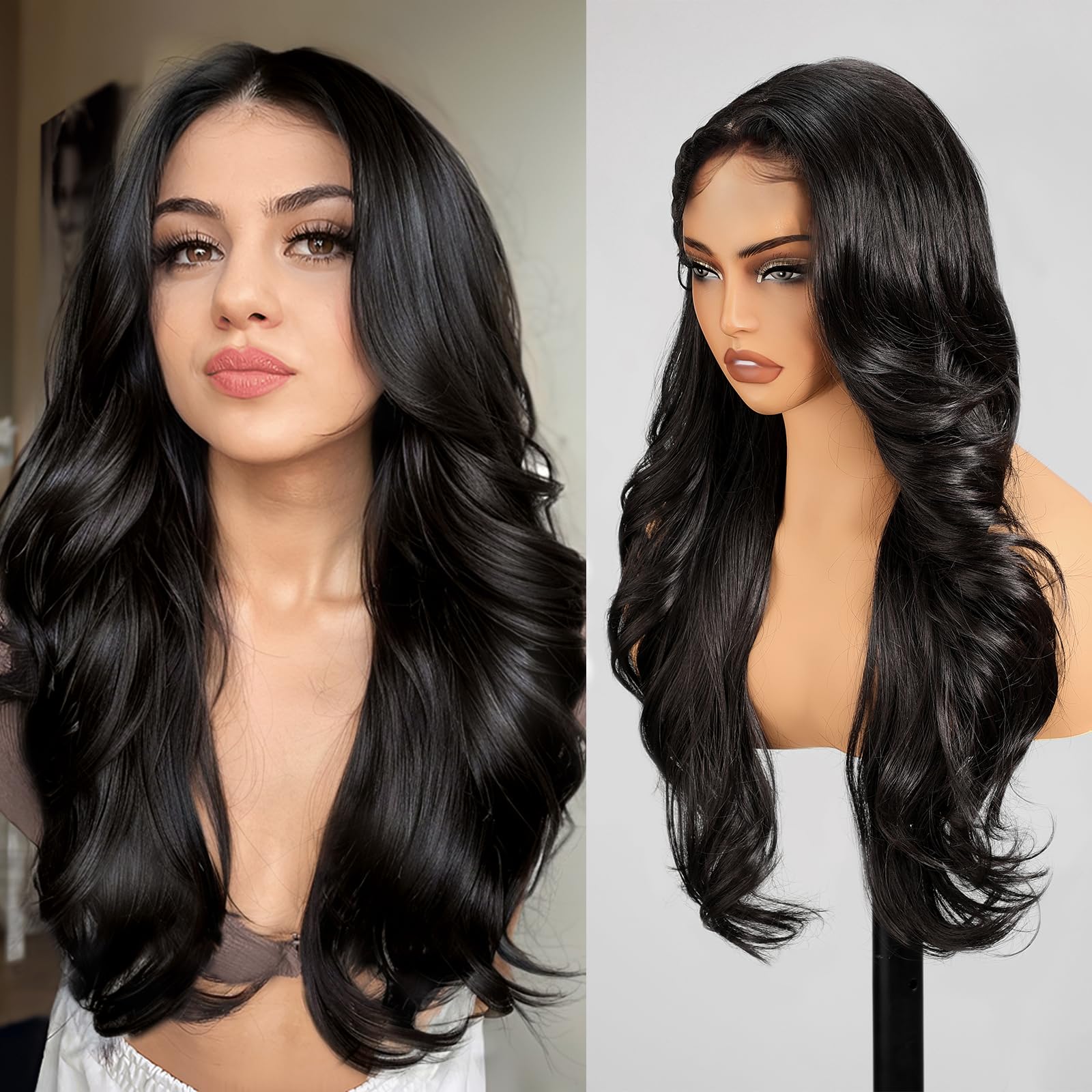 KOME Black Synthetic Lace Front Wig,13×4 HD Lace Body Wave Wig,Put On ...