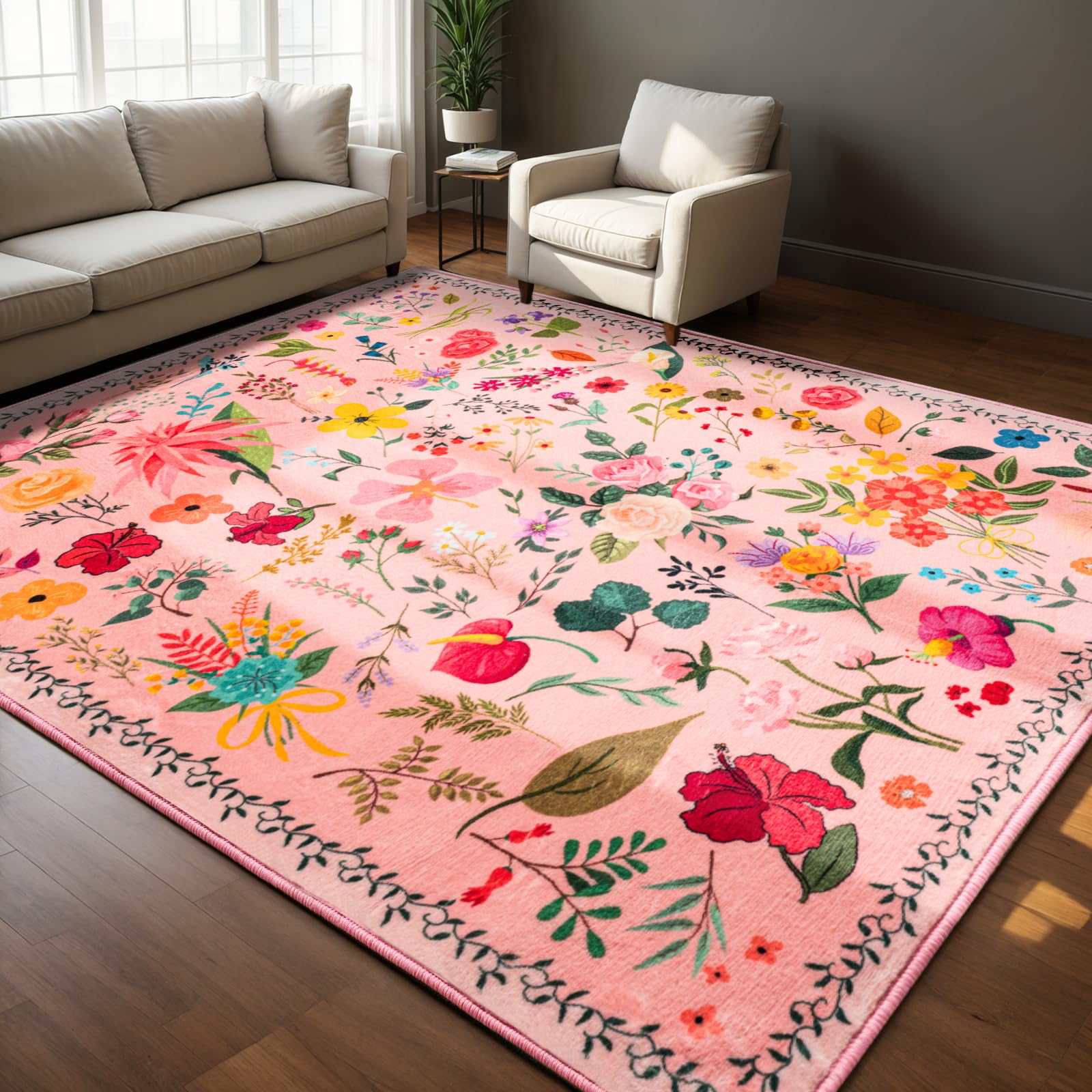 CRYPTOLITE Rugs for Living Room, Floral 6x9 Non Slip Machine Washable Large Living Room Rug, 0. ...