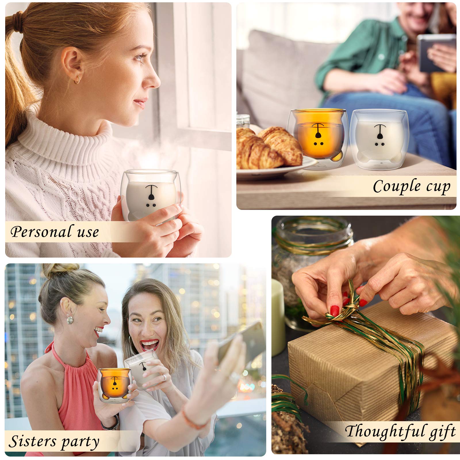 2 Pieces Cute Bear Mugs Insulated Double Wall Glass Bear Cups Animal ...