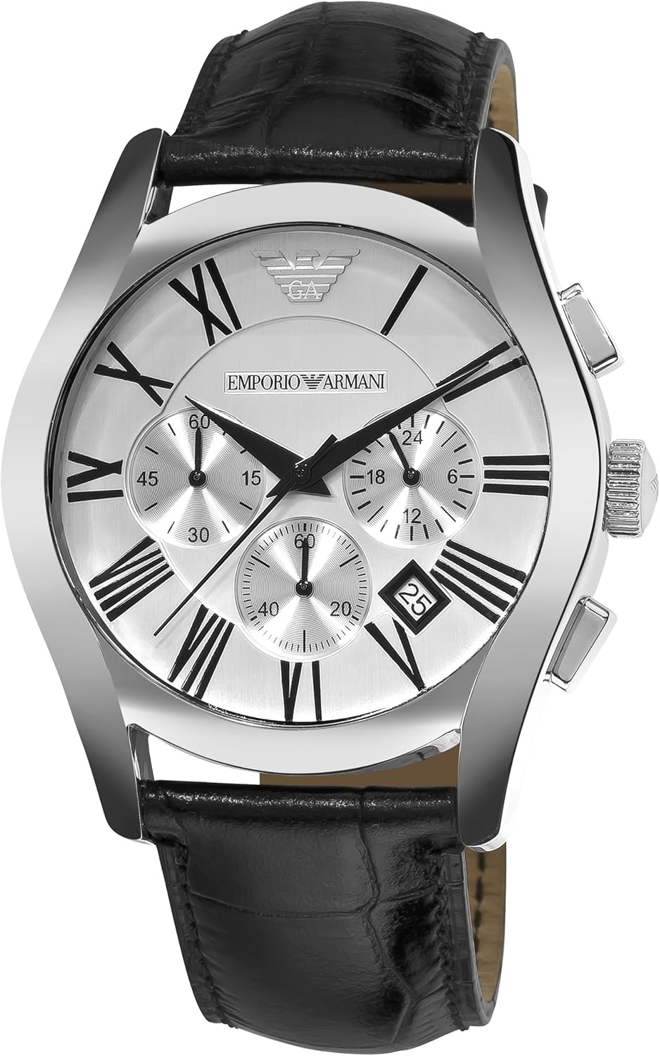 Emporio Armani Gents Chronograph Dark Black Leather Strap Watch: Amazon ...