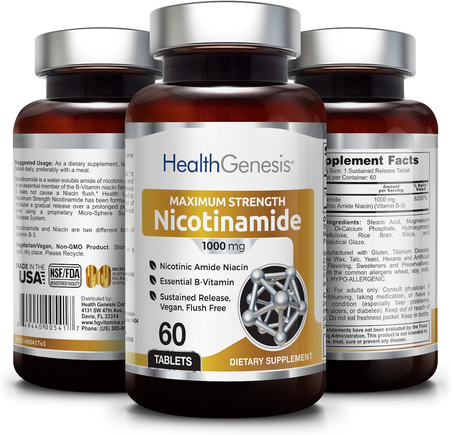 B3 Nicotinamide 1000 mg 60 Tabs Extra Strength Slow Release - Natural ...