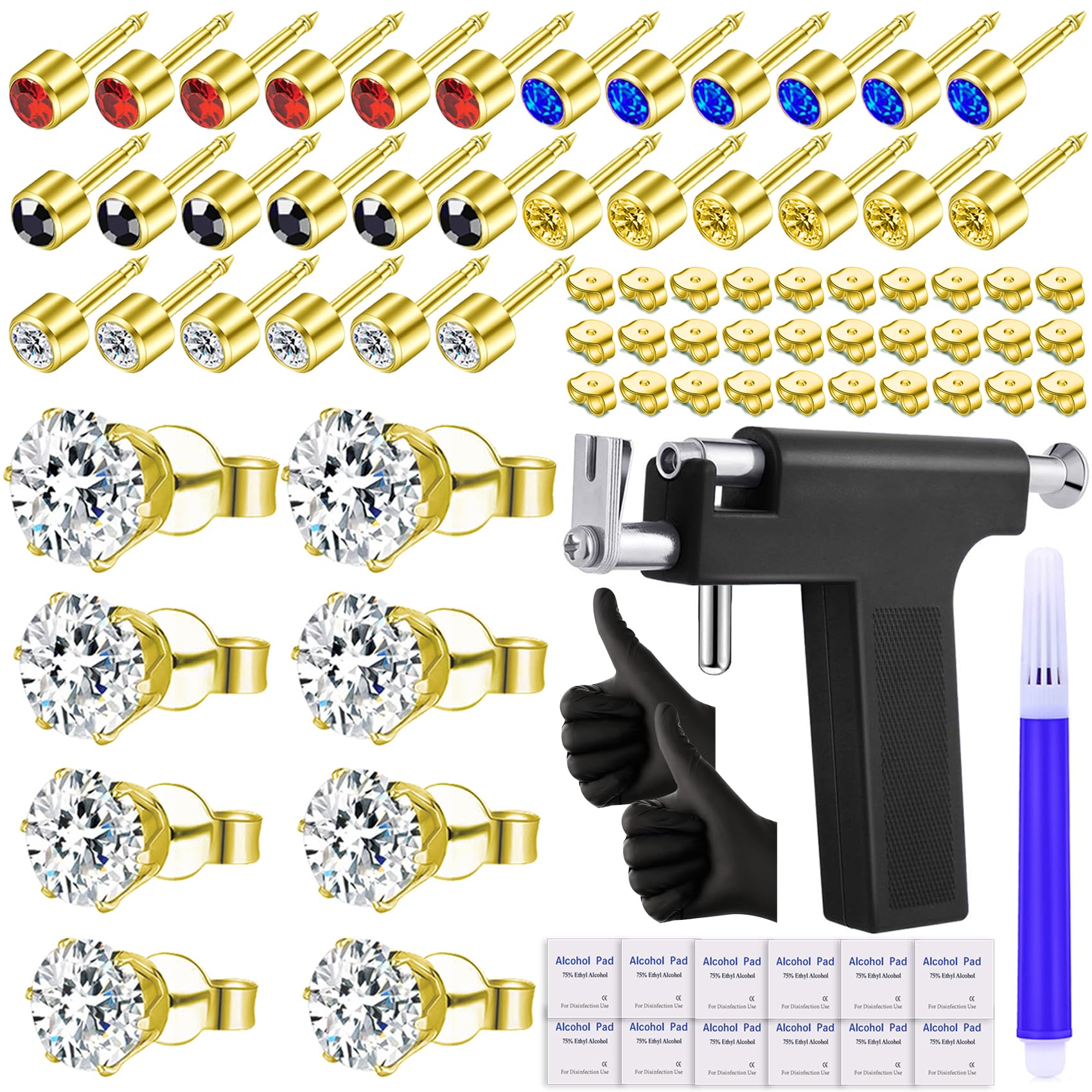 Professional 19 Pairs of Self Ear Piercing Gun Kit with Black Peircings ...
