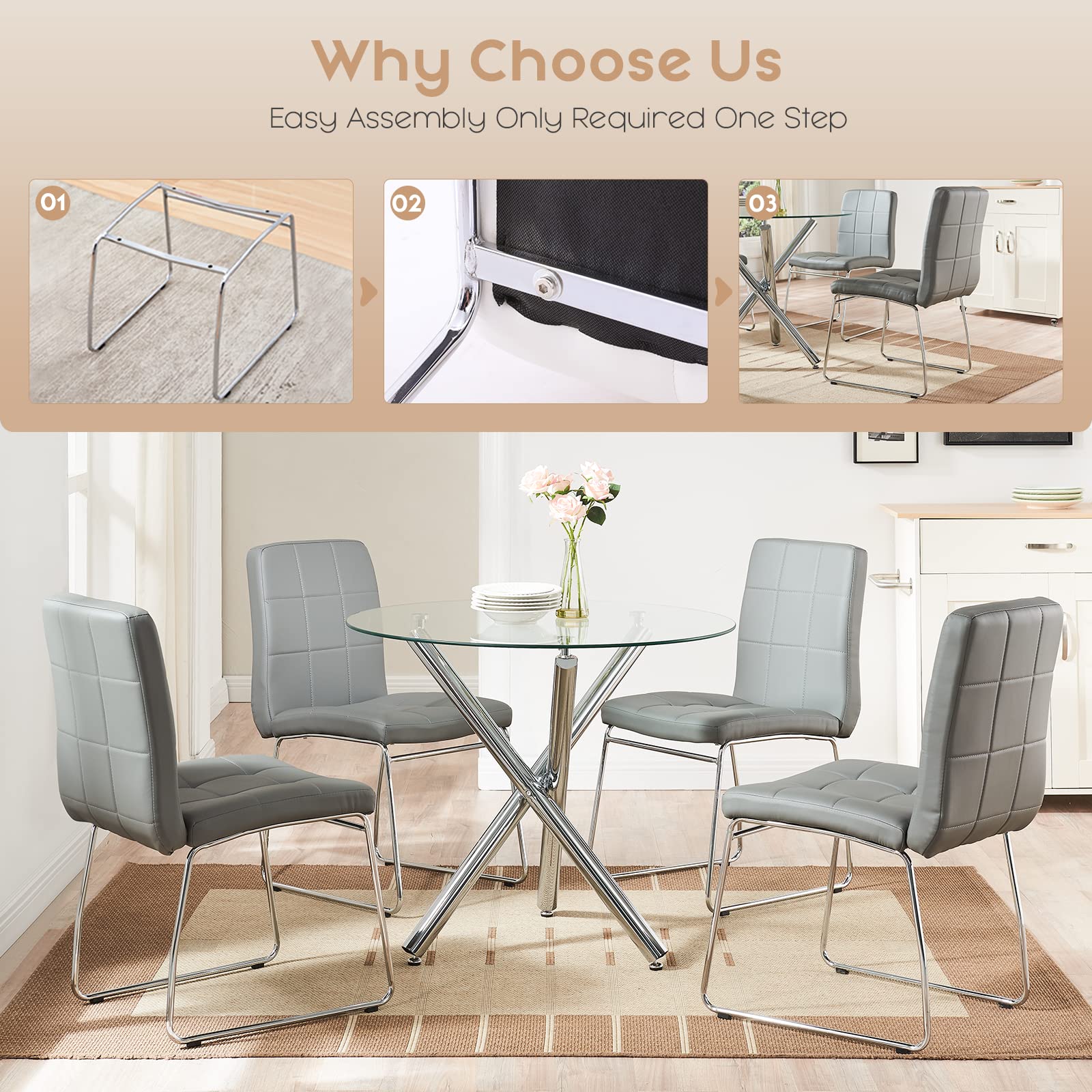 SICOTAS Round Dining Table Set For 4 - Glass Top Kitchen Table And Faux ...
