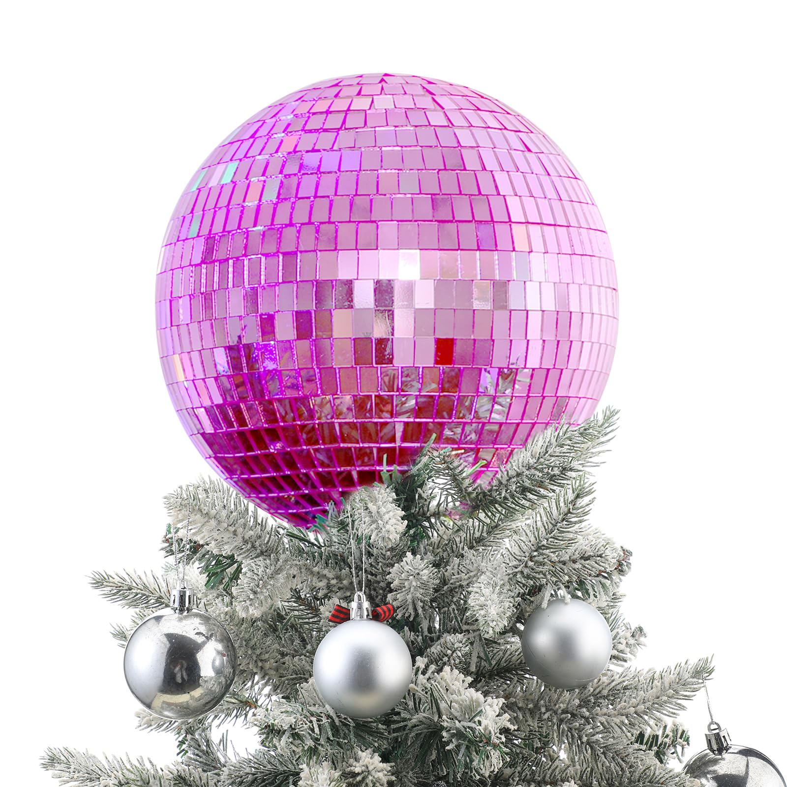 Retisee 8'' Pink Disco Ball Christmas Tree Topper Disco Mirror Ball ...