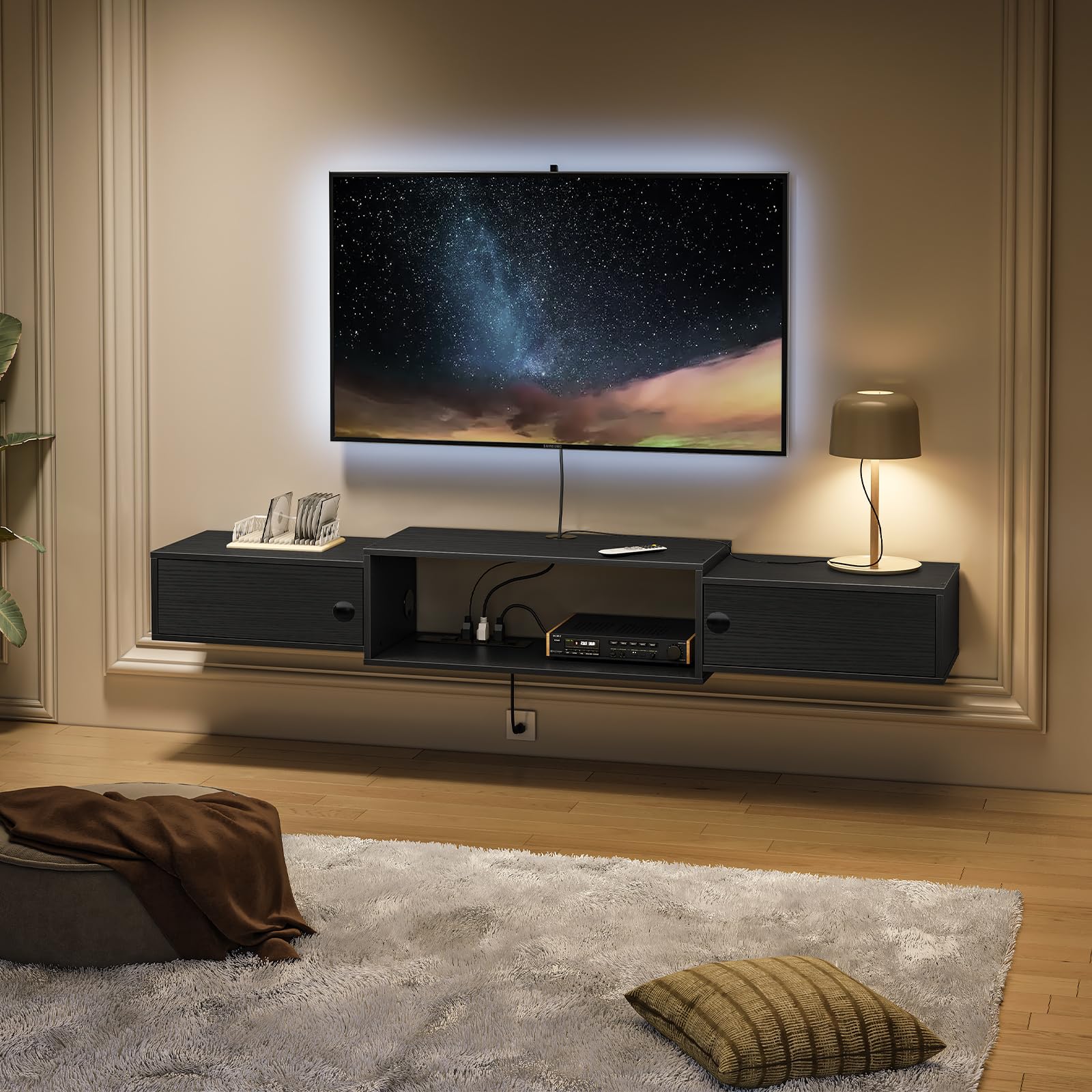 HOOBRO Floating TV Stand with Power Outlets 55", Modern Wall Mounted ...