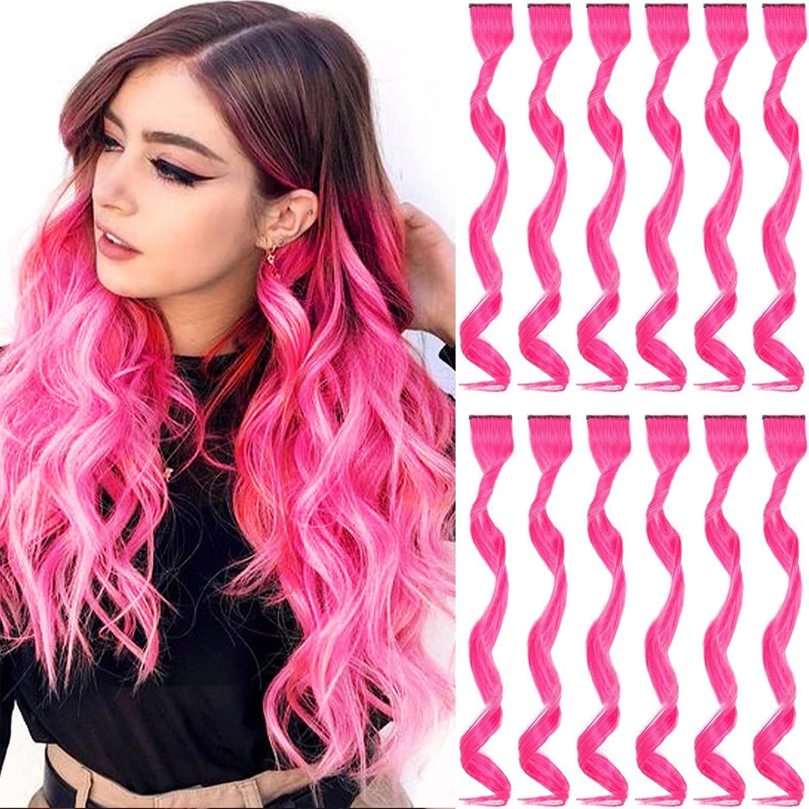 GPOVVIMX 12 PCS Hot Pink Hair Extensions Clip in, Curly Wavy Colored ...