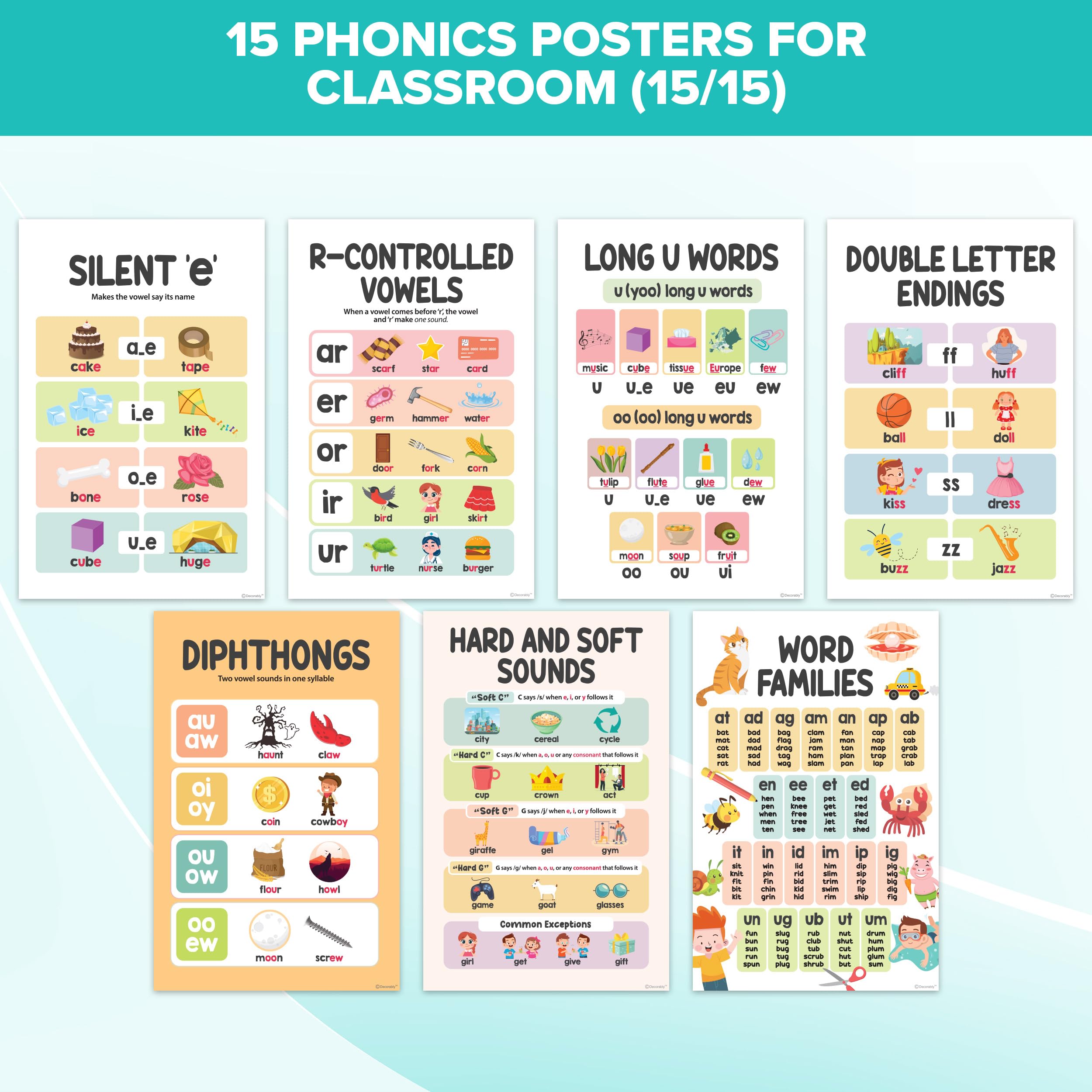 Mua Decorably 15 Boho Phonics Posters for Classroom, 11x17in Matte ...