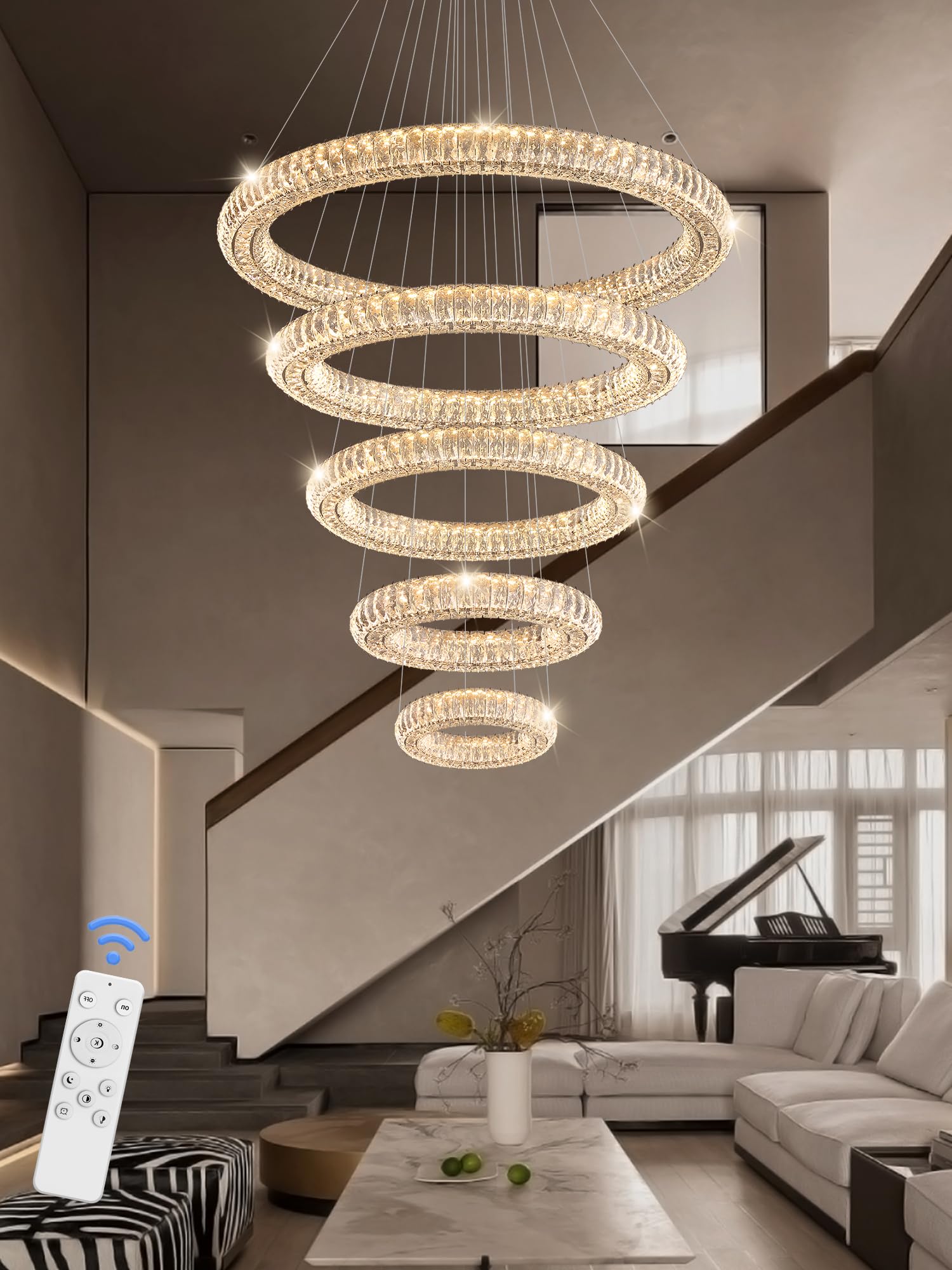 IDEQUY Modern Crystal Chandelier Lighting, 5 Ring Chandeliers LED ...
