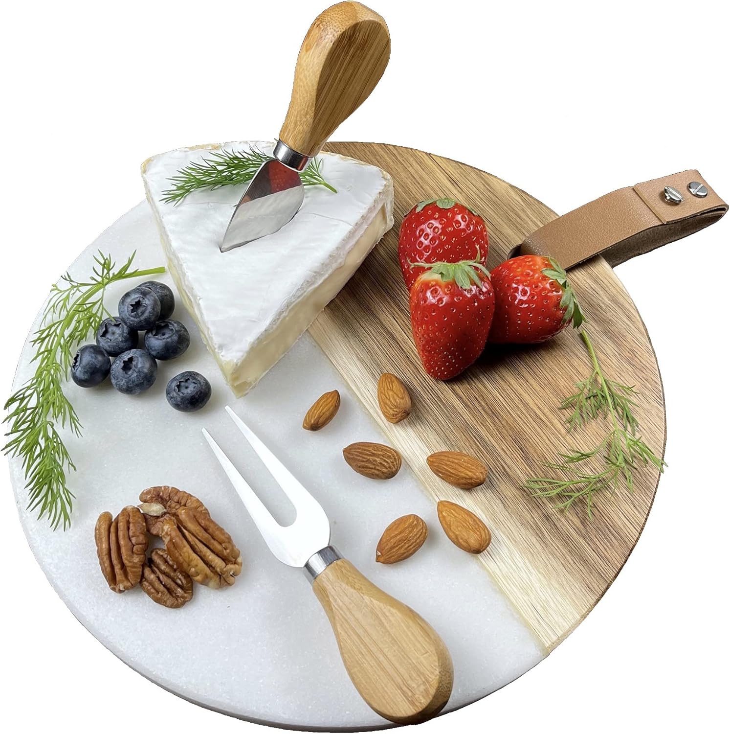 Marble & Wood Charcuterie Board Set - Large Round 10 Inch Serving Tray ...