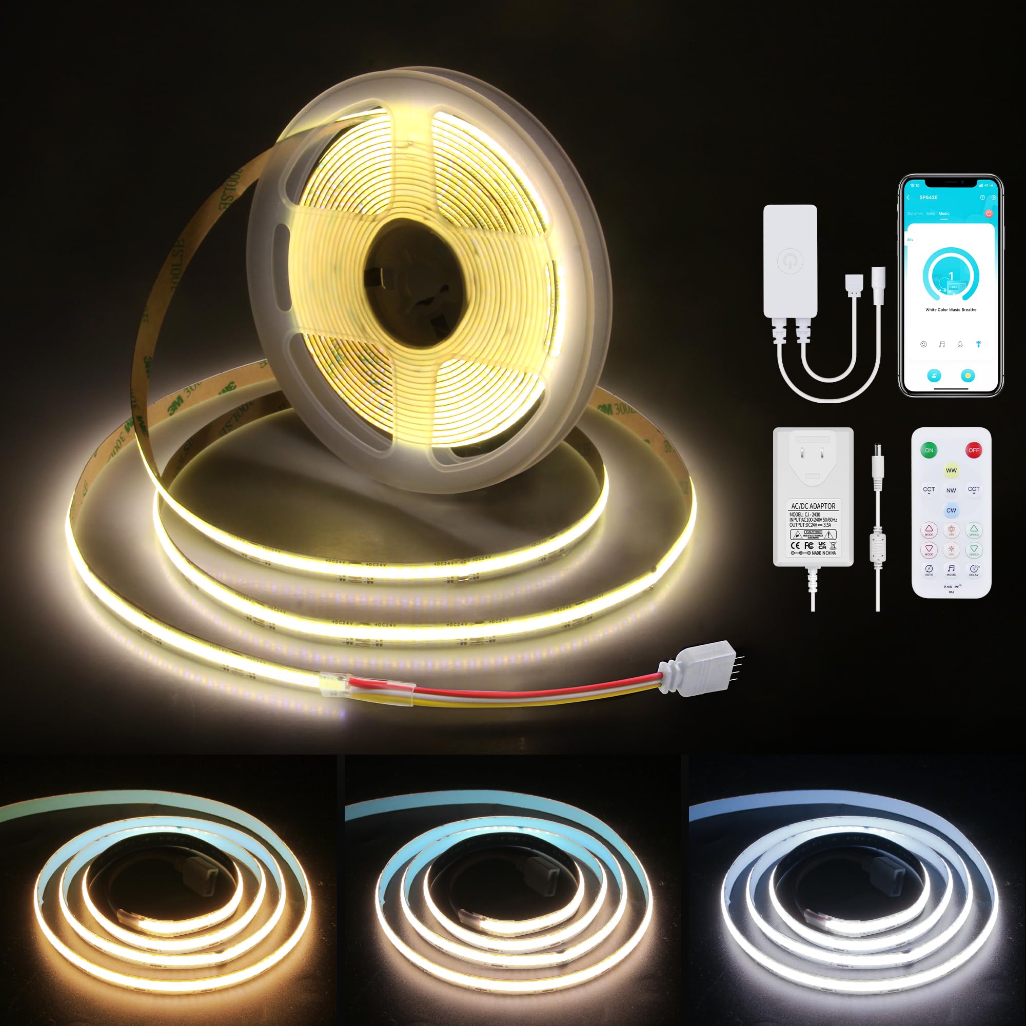 ALITOVE COB LED Light Strip White CCT Tunable Dimmable 2700K-6500K 16 ...