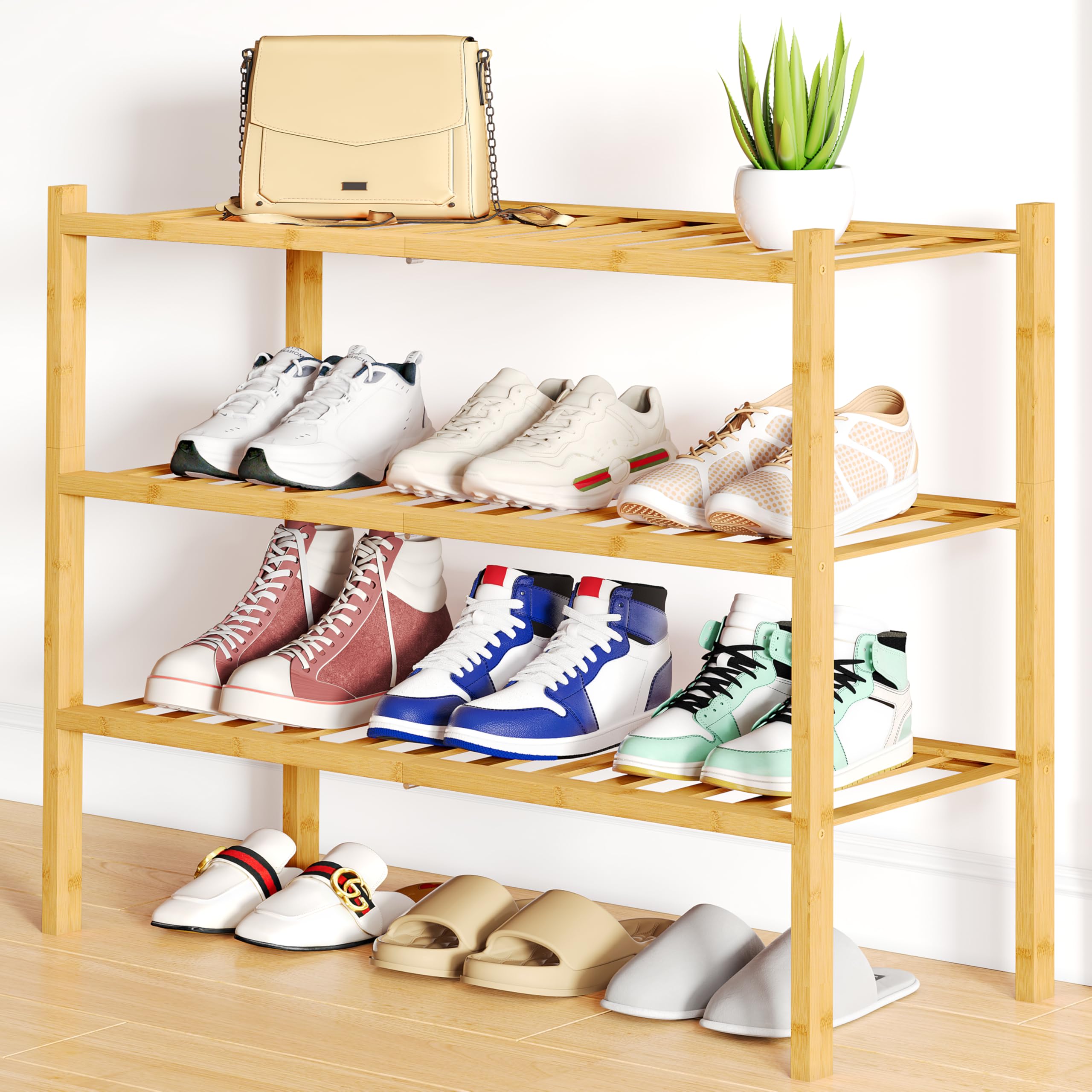 Smiry Shoe Rack, 3 Tier Bamboo Shoe Organizer, Stackable Free Standing ...