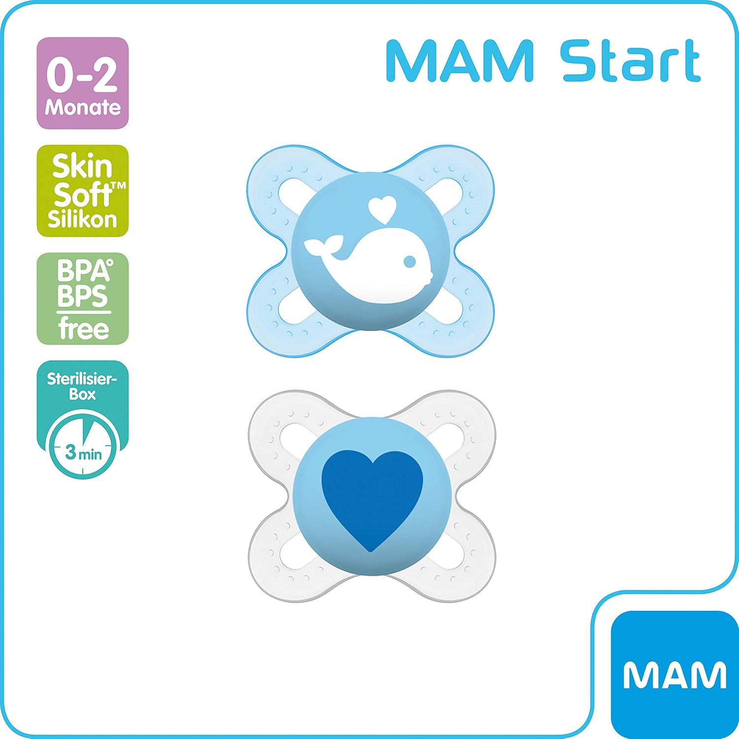 MAM Start Silicone Dummies Pack of 2 for Ages 0 – 2 Months, Packaging ...