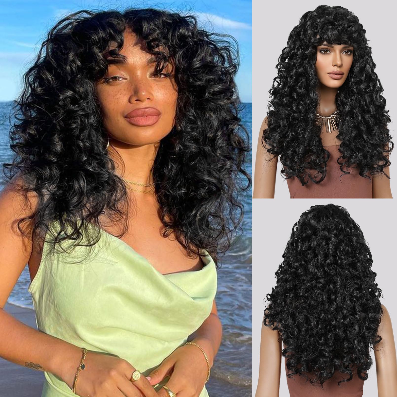 LONAI Curly Wig with Bangs for Black Women Long Black Kinky Wigs with ...
