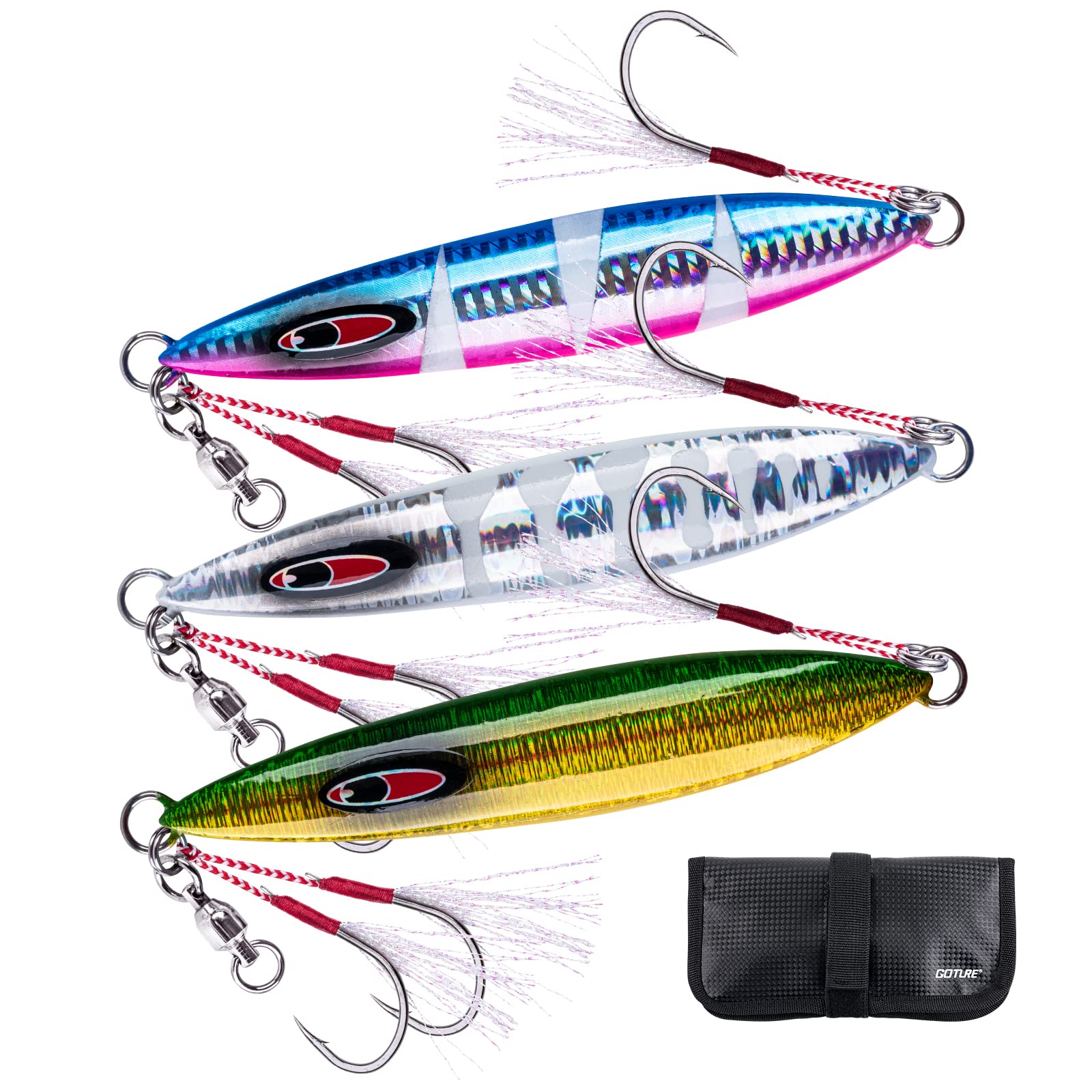 Goture Glow Slow Pitch Jigs with Portable Jig Bag, Double Assist Hook Fishing Jig Lead Saltwater ...