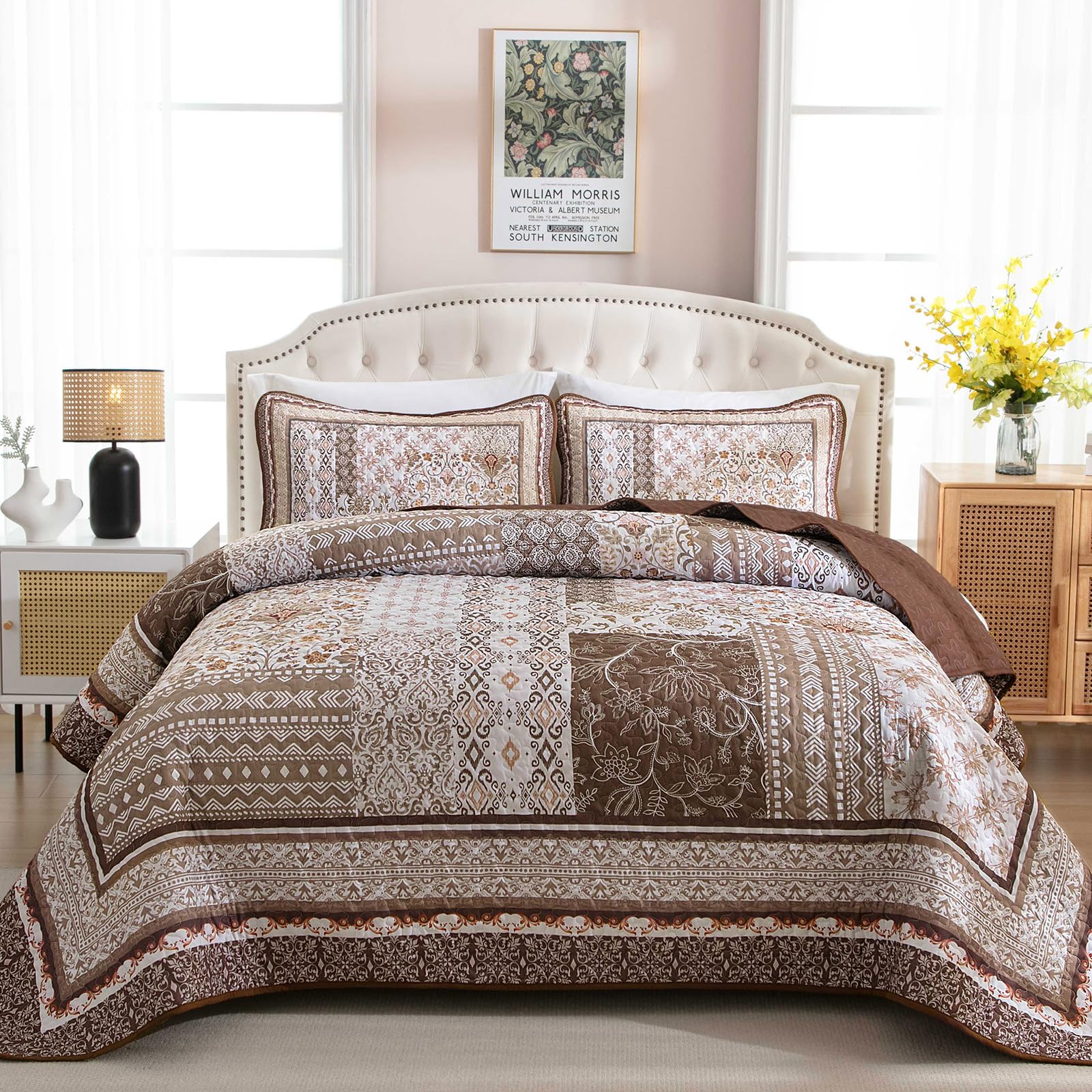 WONGS BEDDING Brown Quilt Set King Size,Bohemian Patchwork Bedspread Coverlet Set, Reversible ...