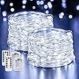 Amazon.com : JMEXSUSS 2 Pack 100 LED Fairy Lights Battery Operated, 33ft Silver Wire Twinkle ...