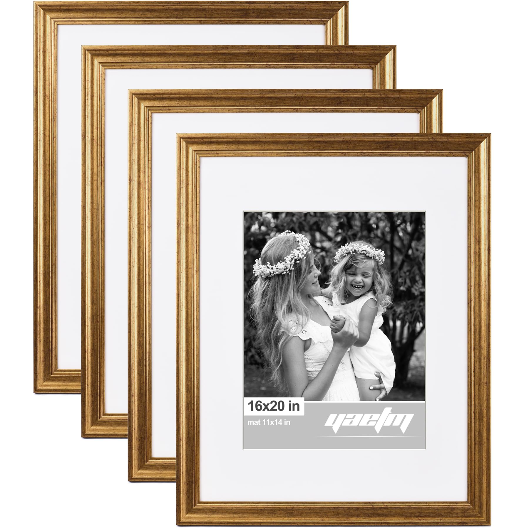 Yaetm 16x20 Gold Picture Frame Matted to 11x14 Set of 4, 1.4" Wide ...