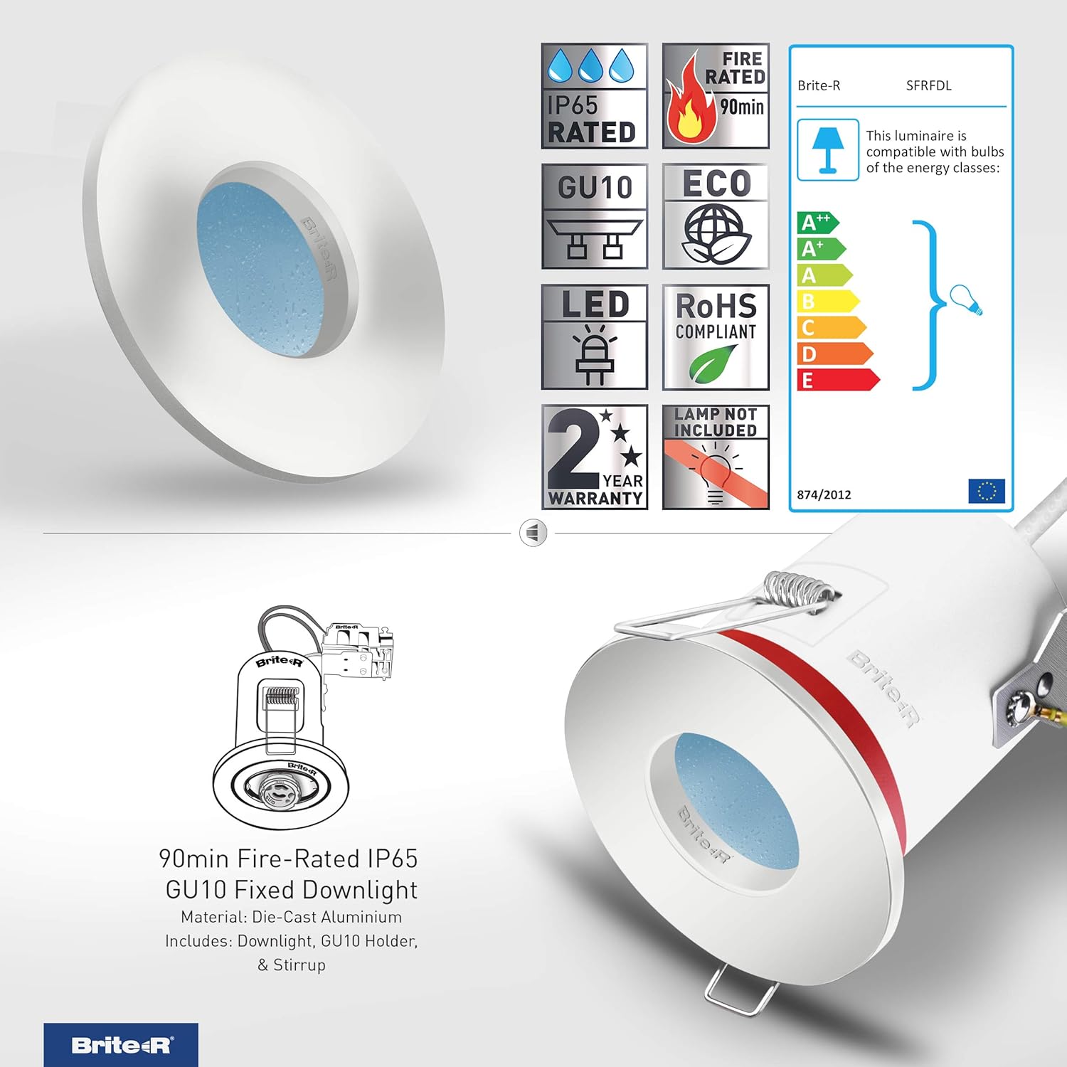 6X GU10 Bathroom IP65 Fire Rated Fixed Downlight White Brite-R LED ...