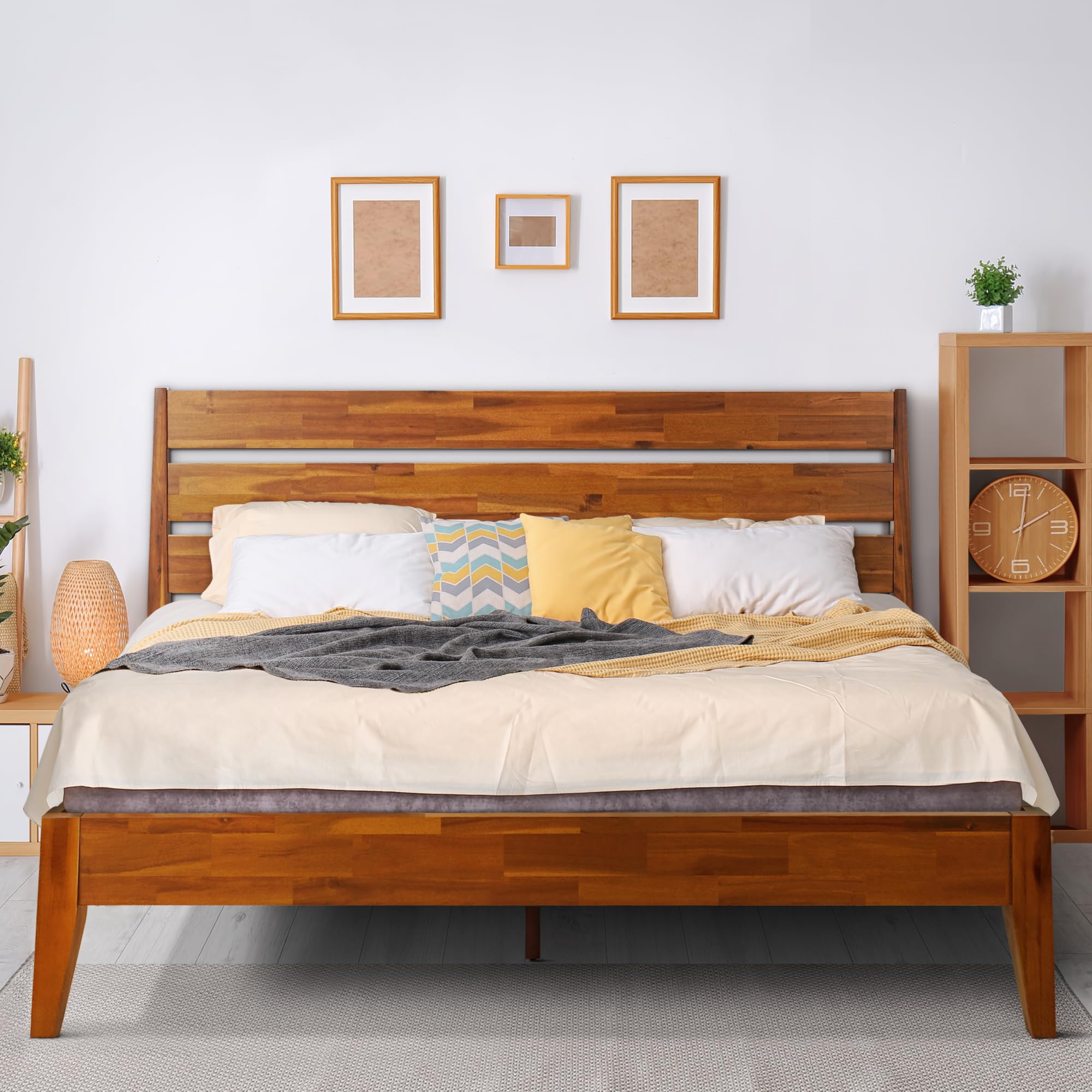 Acacia Emery Bed Frame with Headboard Solid Wood Platform Bed, Queen ...