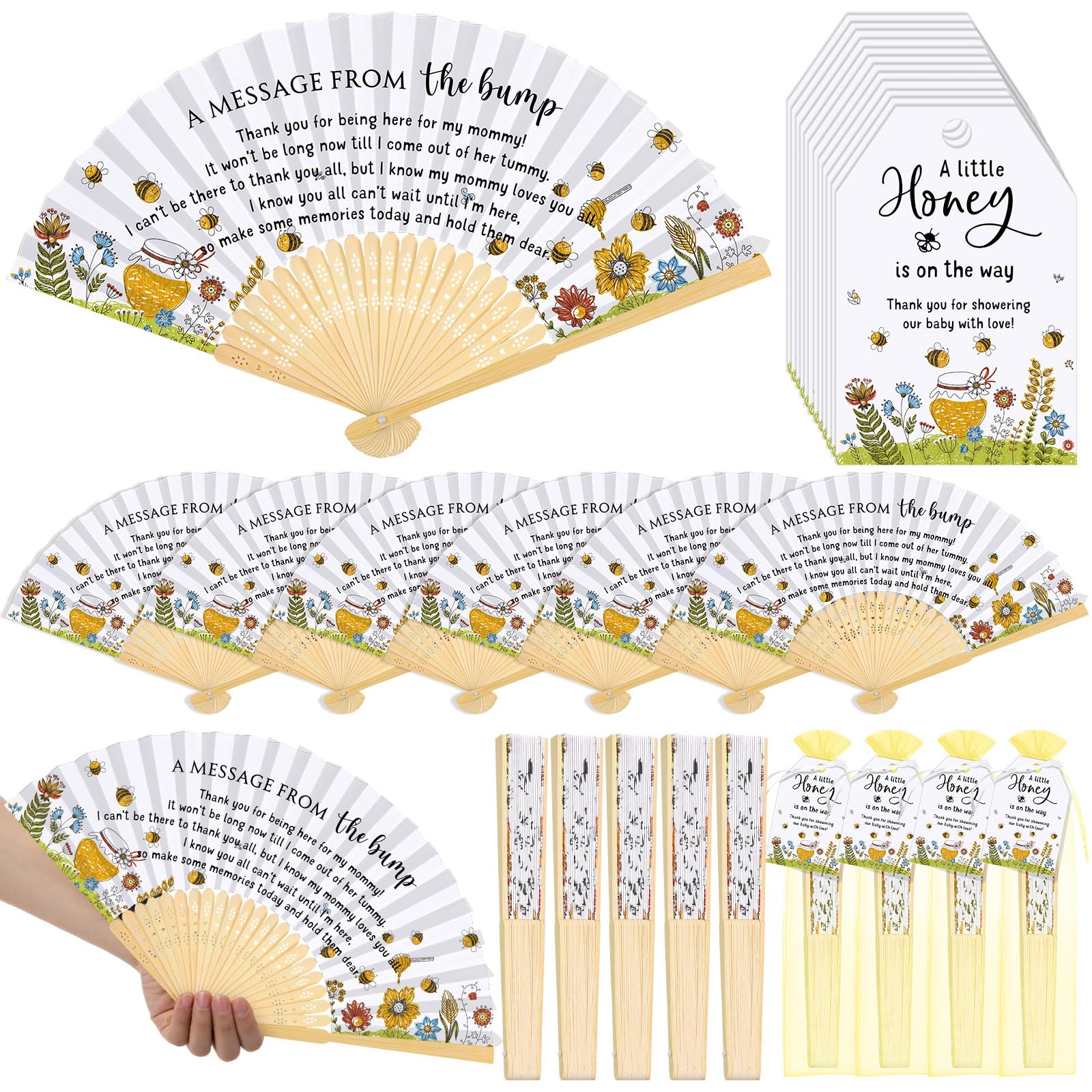 Threehoney 50 Sets Baby Shower Paper Hand Fans Bamboo Folding Handheld ...