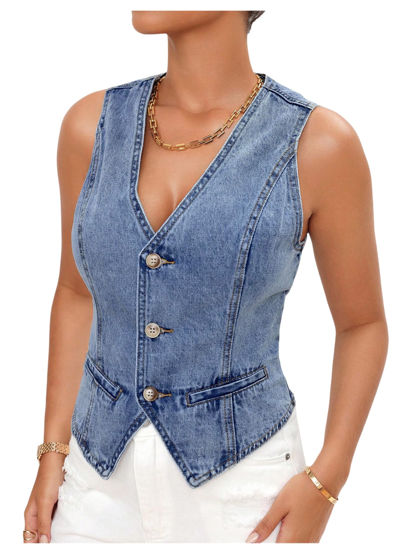 MakeMeChic Women's Jean Vest Top Y2k V Neck Sleeveless Denim Top Single ...