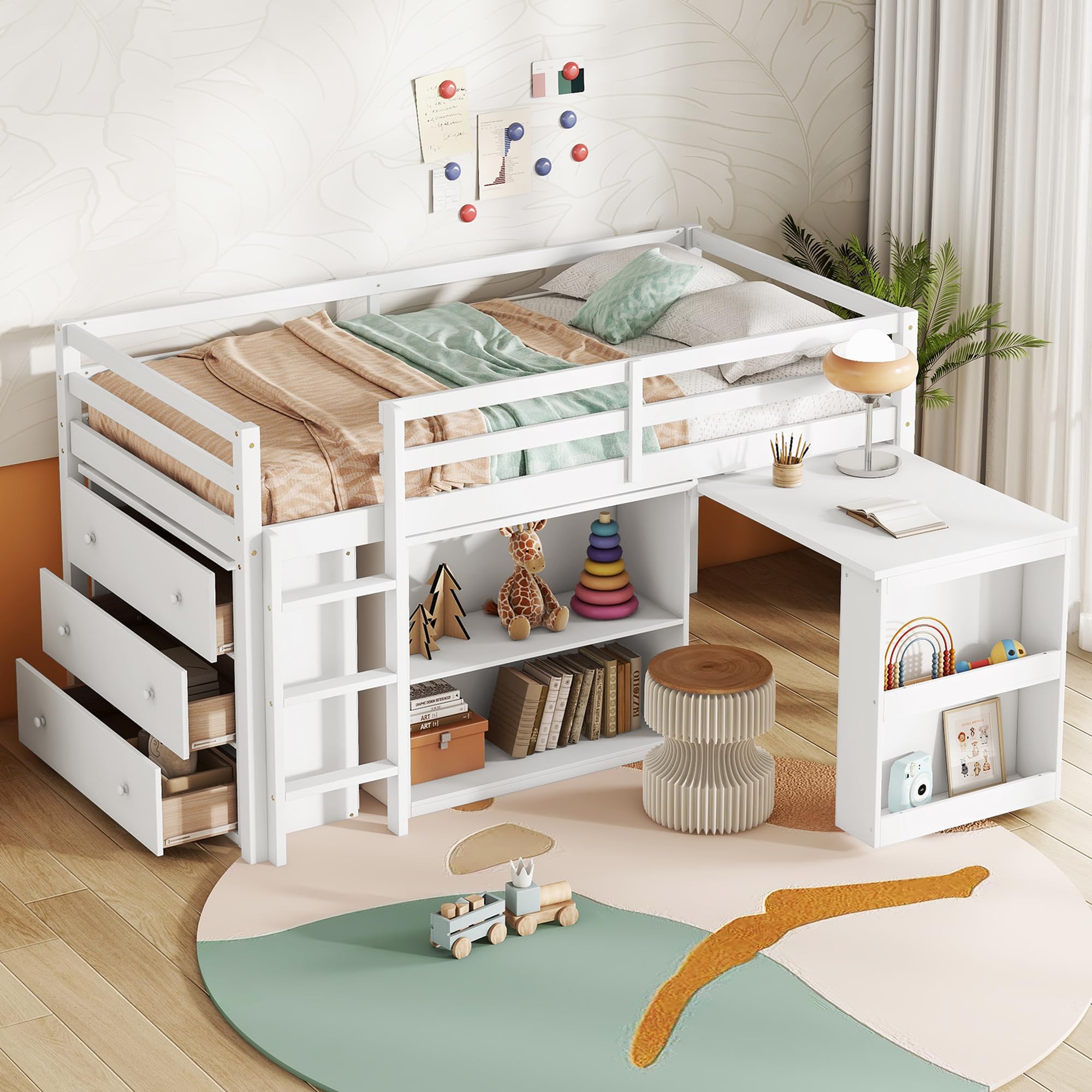 KEIKI Twin Size loft Bed with Pull-Out Desk & Drawers & Open Shelves ...
