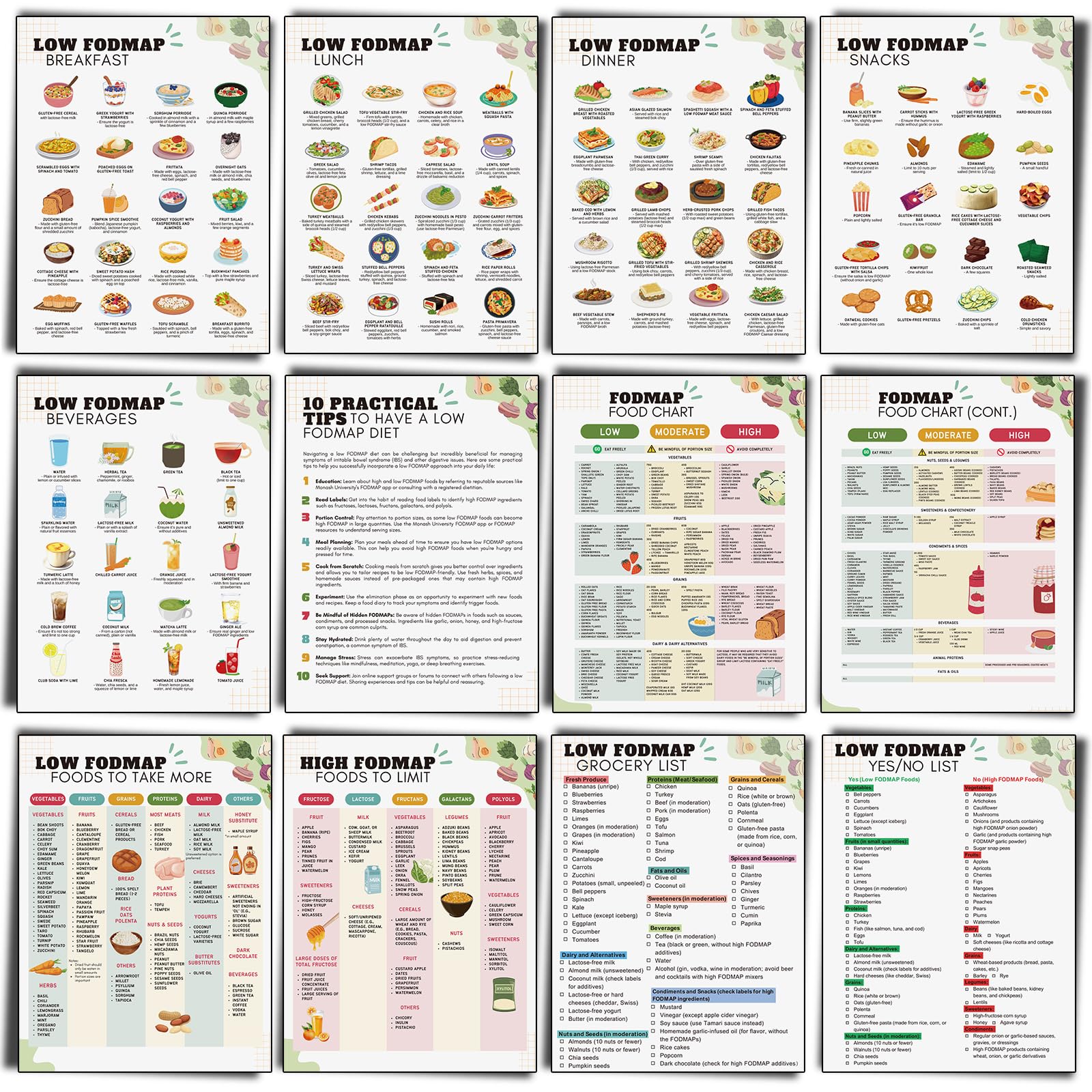 Sinload 12 Pcs Low FODMAP Food List FODMAP Meal Plan Food Chart Nutrition Grocery List Laminated ...