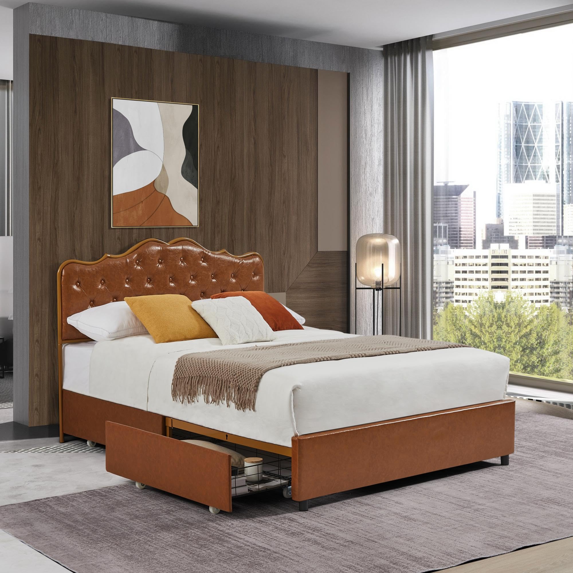 Dolonm Full Size Classic Buckle Backrest Platform Bed Frame with Four ...