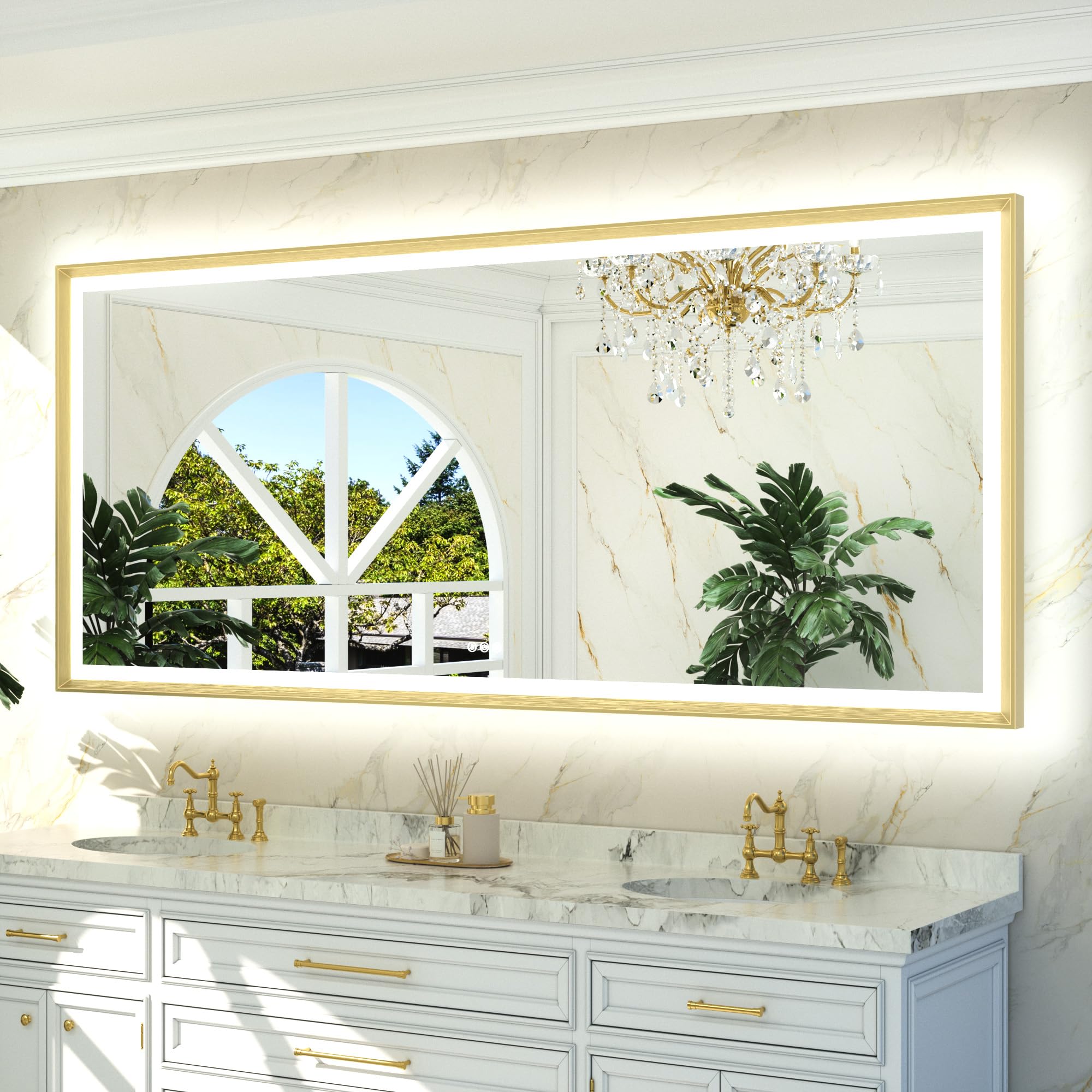 TETOTE 84x36 LED Bathroom Mirror with Lights Gold Frame Frontlit ...